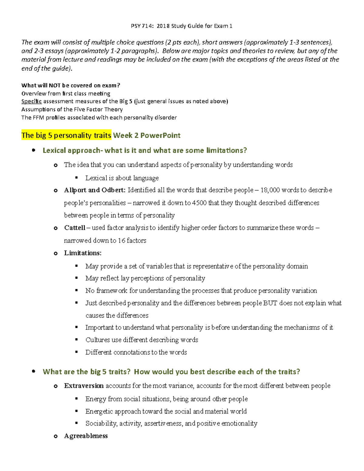 PSY 714 Personality Midterm Exam Study Guide - PSY 714: 2018 Study ...