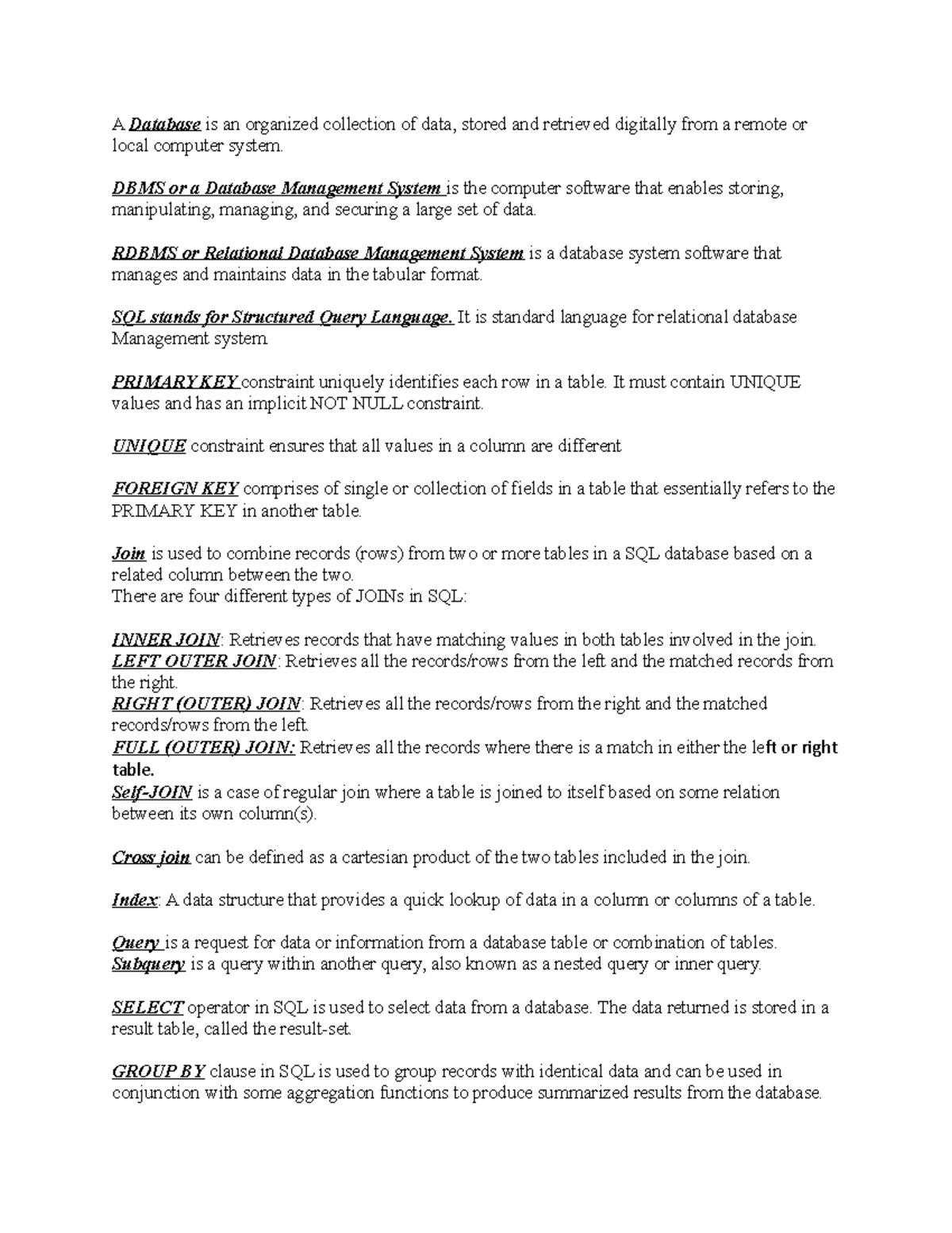 SQL cheetsheet - this is a sql cheatsheet - A Database is an organized ...