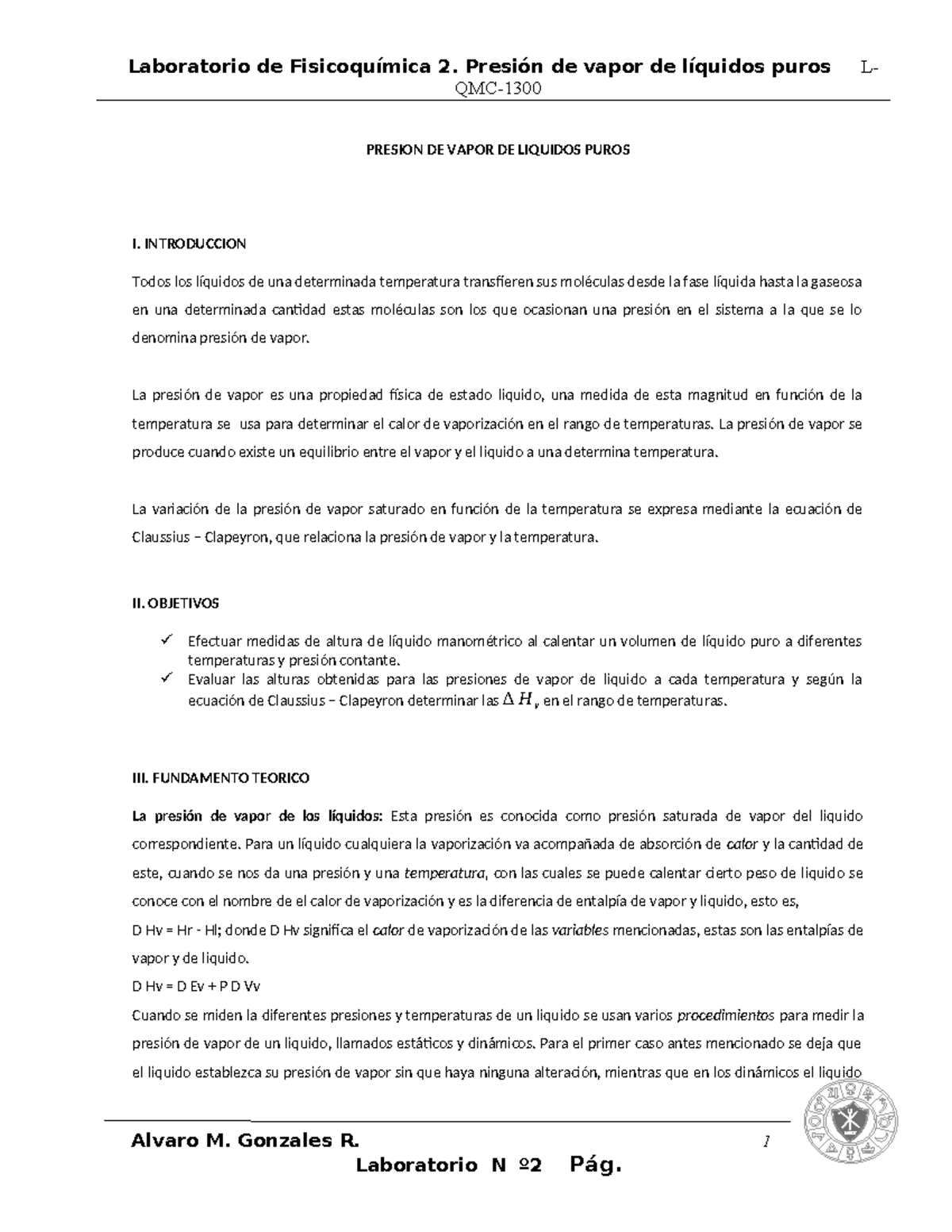 Presion de Vapor de Liquidos Puros - QMC- PRESION DE VAPOR DE LIQUIDOS ...