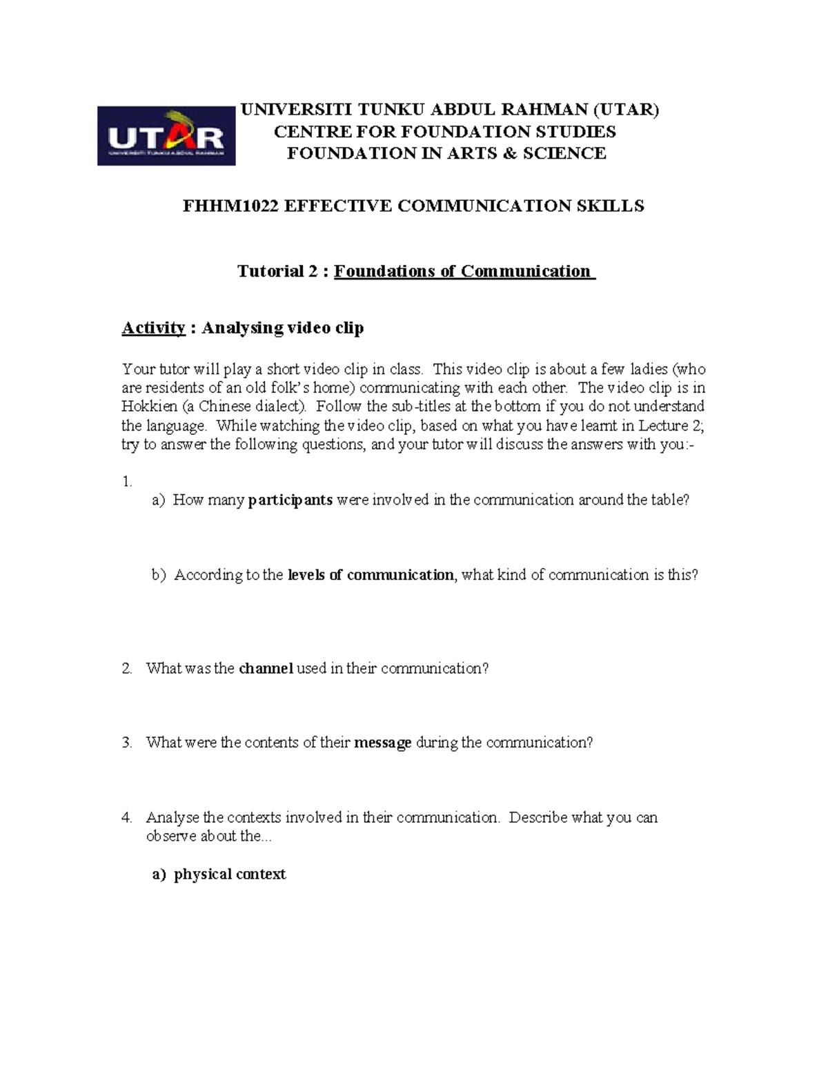 Tutorial 2 question - UNIVERSITI TUNKU ABDUL RAHMAN (UTAR) CENTRE FOR ...