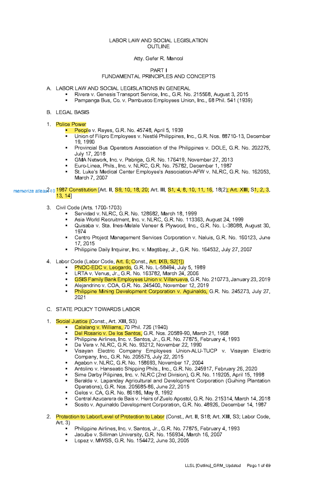 LLSL- Pointers to Review - LABOR LAW AND SOCIAL LEGISLATION OUTLINE ...