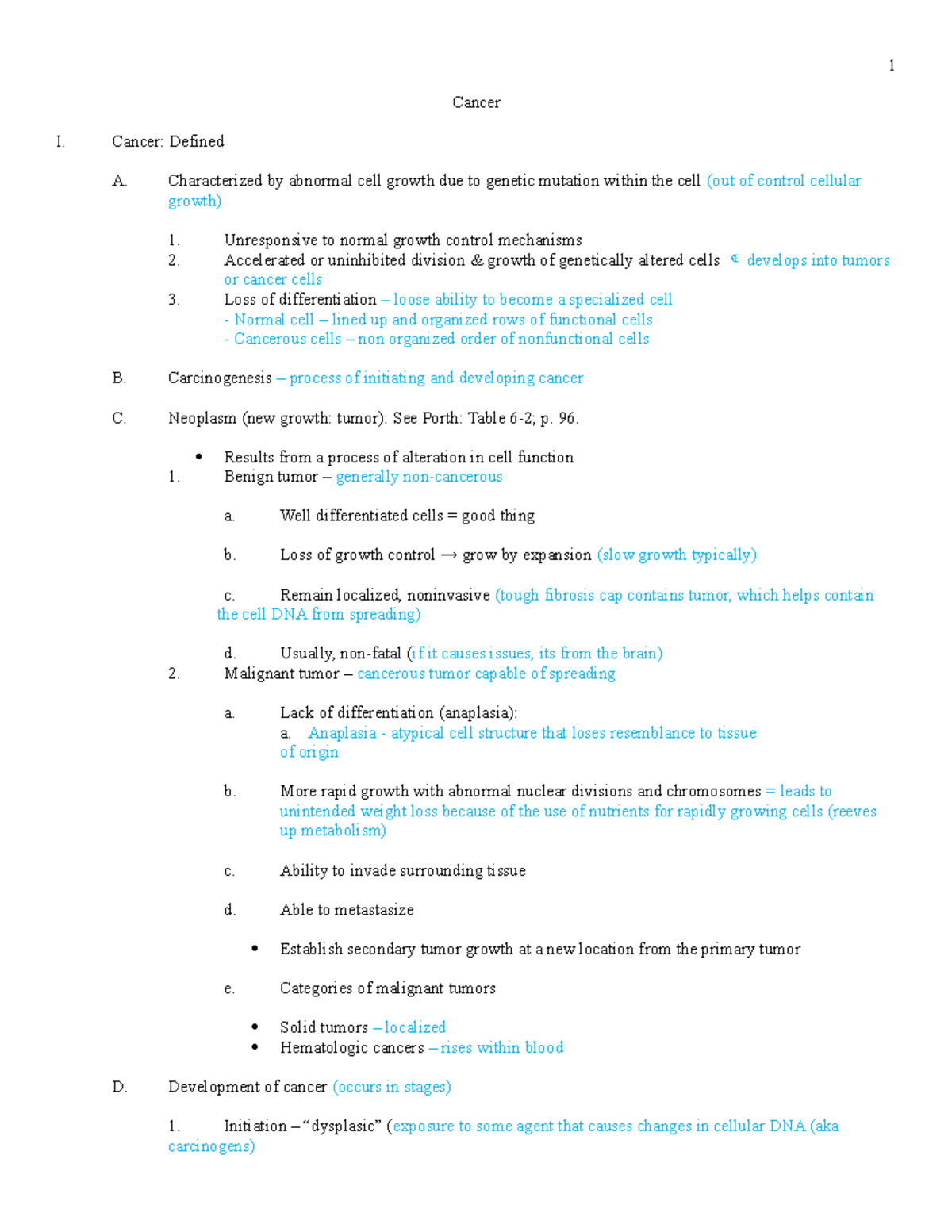 Cancer Outline Notes - Cancer I. Cancer: Defined A. Characterized by ...
