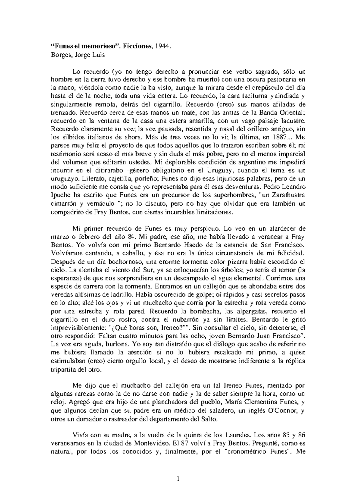 Borges-funes el memorioso - “Funes el memorioso”. Ficciones, 1944 ...