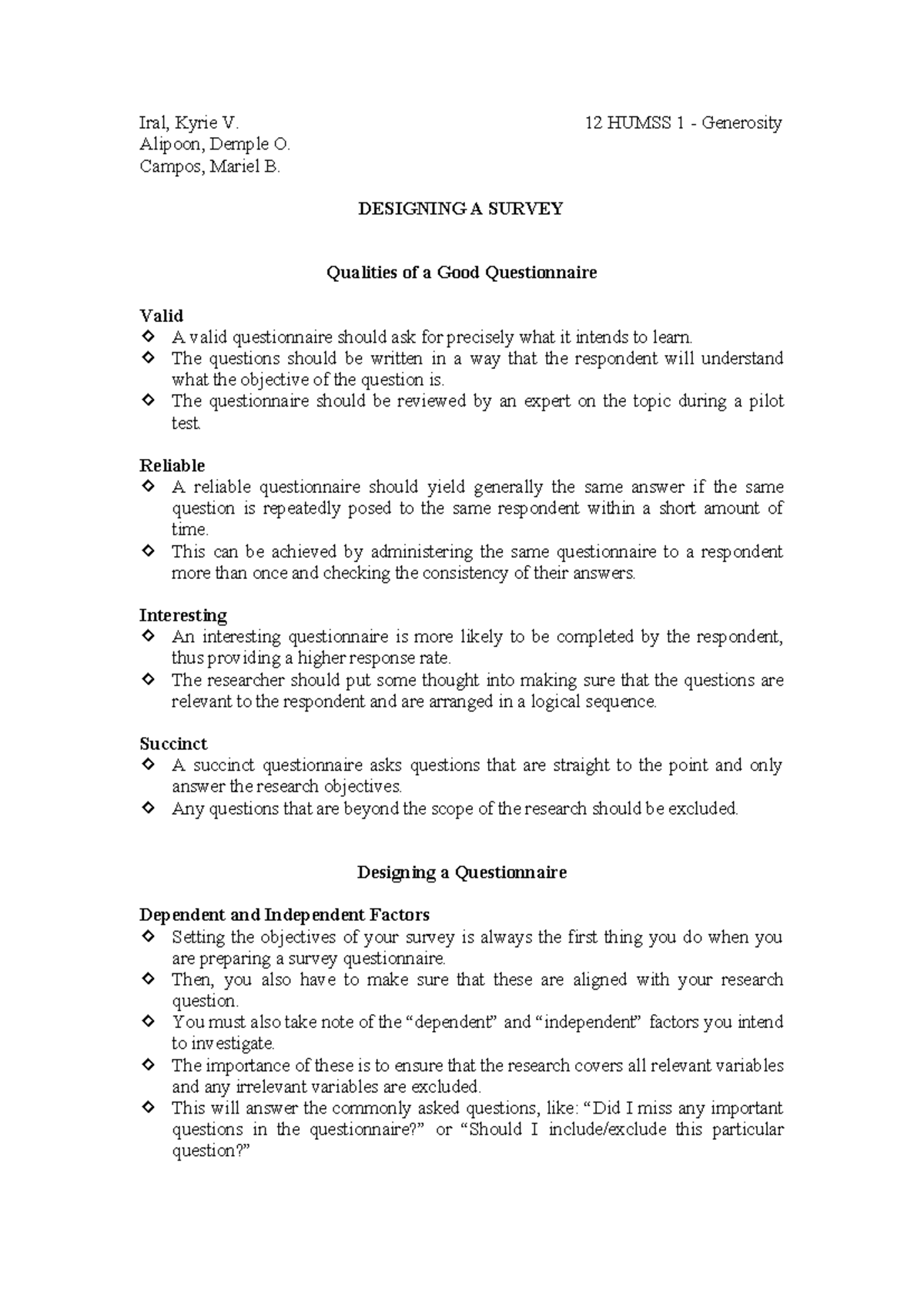 Designing a Questionnaire - Iral, Kyrie V. 12 HUMSS 1 - Generosity ...