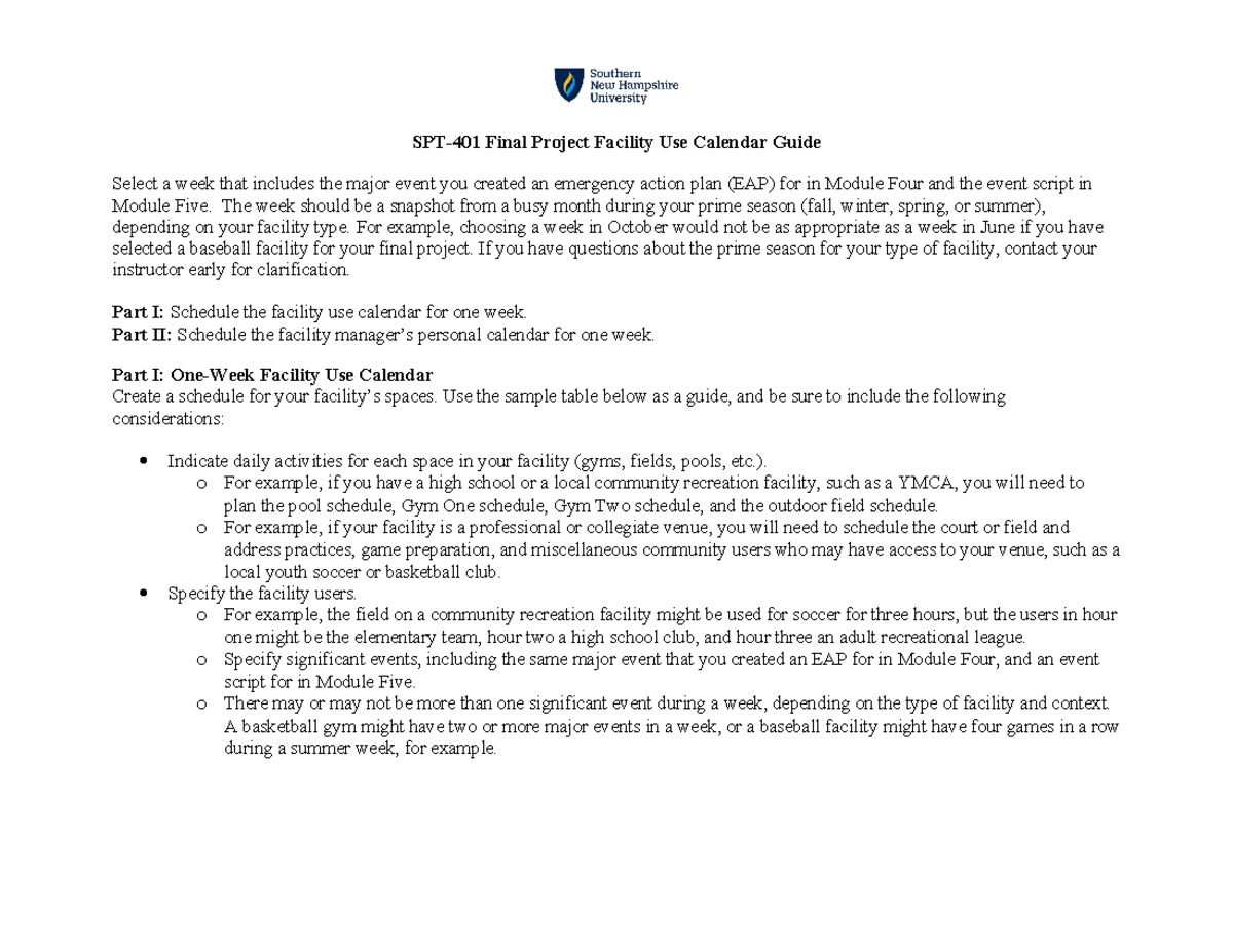 SPT-401 Final Project Facility Use Calendar Guide - The week should be ...