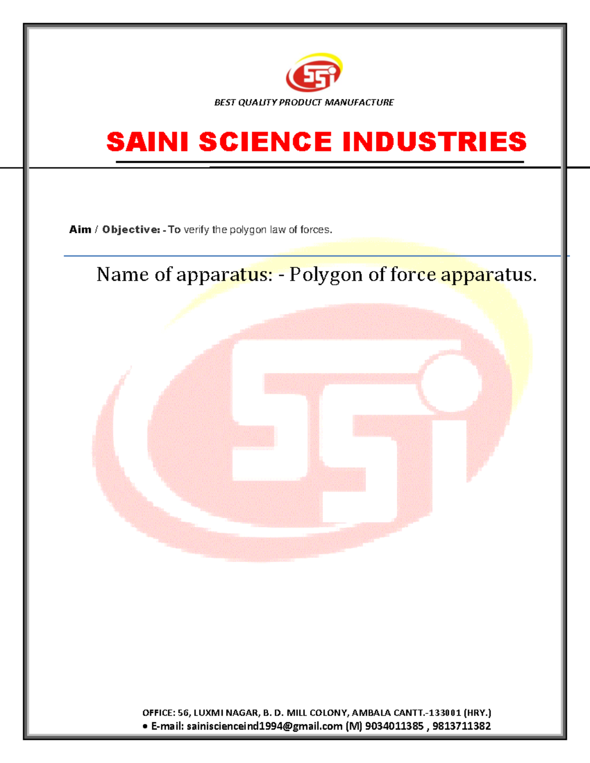 Polygon law of force apparatus - BEST QUALITY PRODUCT MANUFACTURE SAINI ...