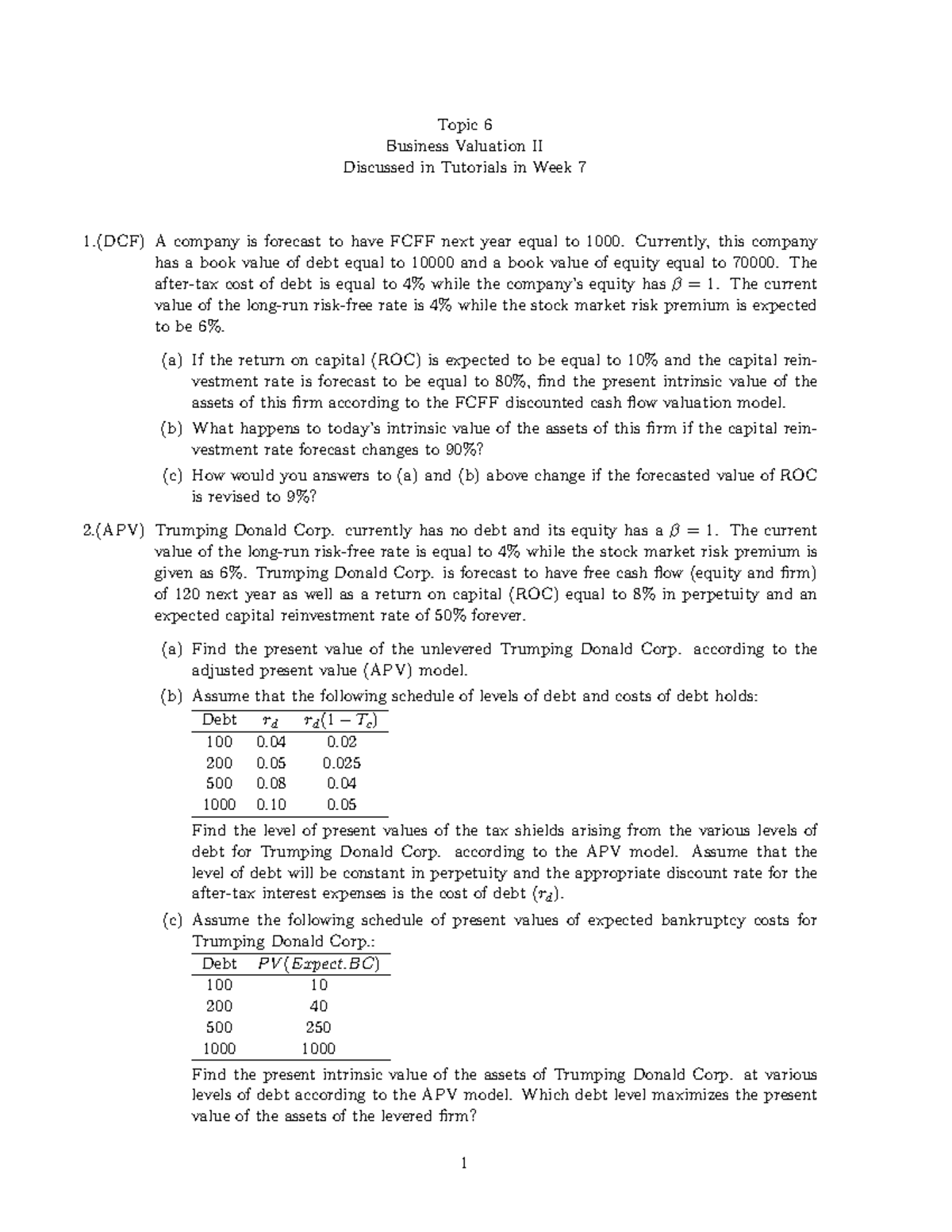 Bvt6-1 - tute - Topic 6 Business Valuation II Discussed in Tutorials in ...
