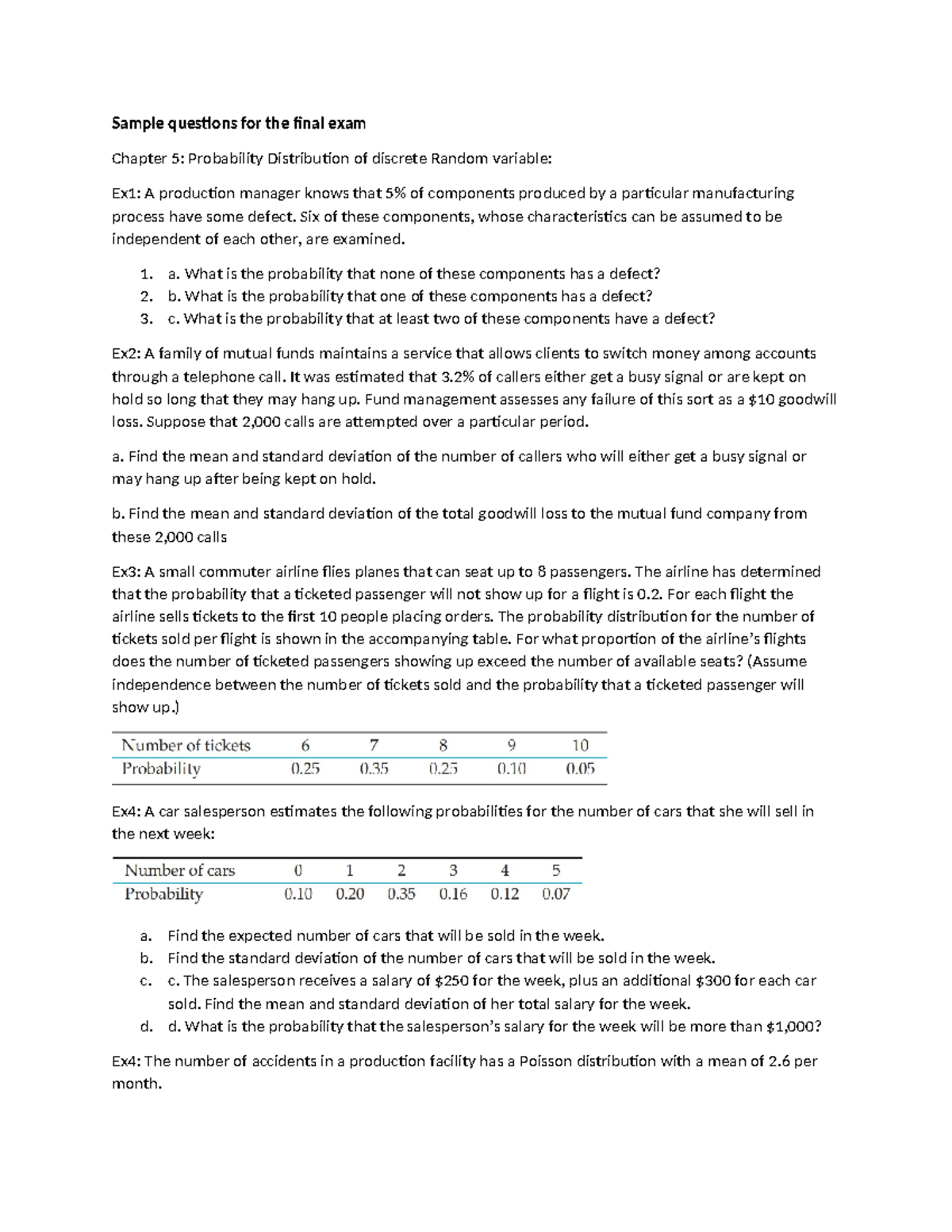 Example for final exam - Sample questions for the final exam Chapter 5 ...