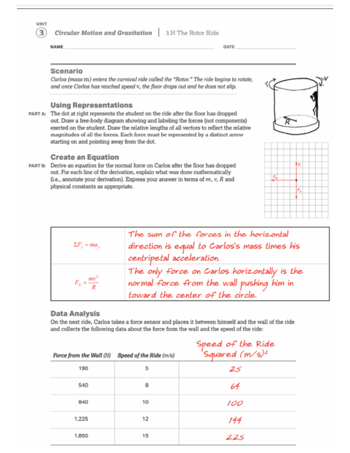 3.H Solutions - Solution to 3.H - UNIT 3 Circular Motion and Gravitation 3 The Rotor Ride NAME ...