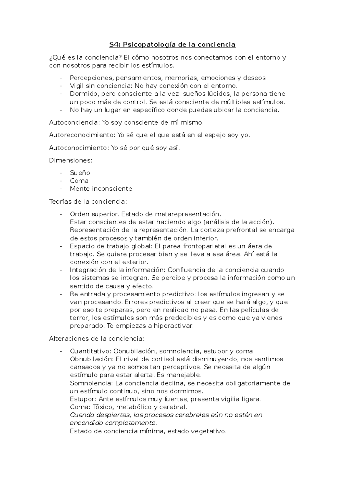 S4 - Psicopato - Resumen de la clase de conciencia - S4: Psicopatología ...