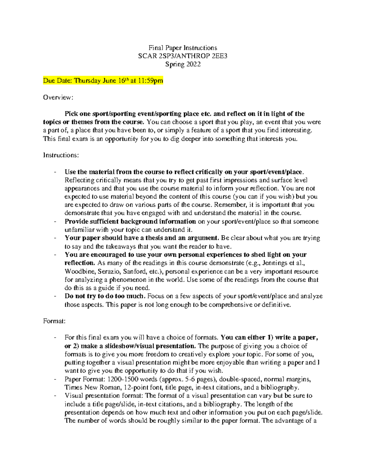 Final Paper Instructions - and reflect on it in light of the topics or ...