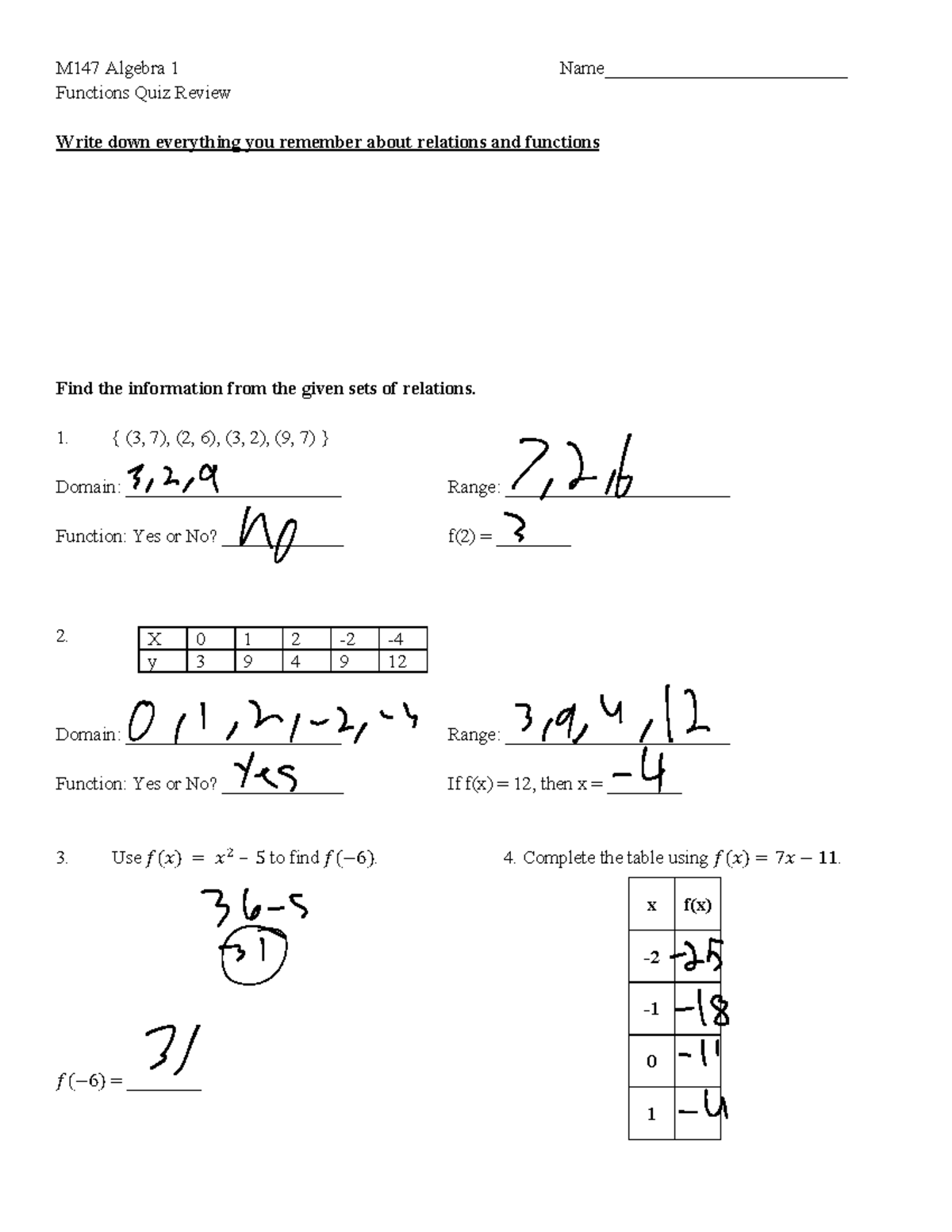 Extra Function Practice - x f(x) 0 1 M147 Algebra 1 Name ...