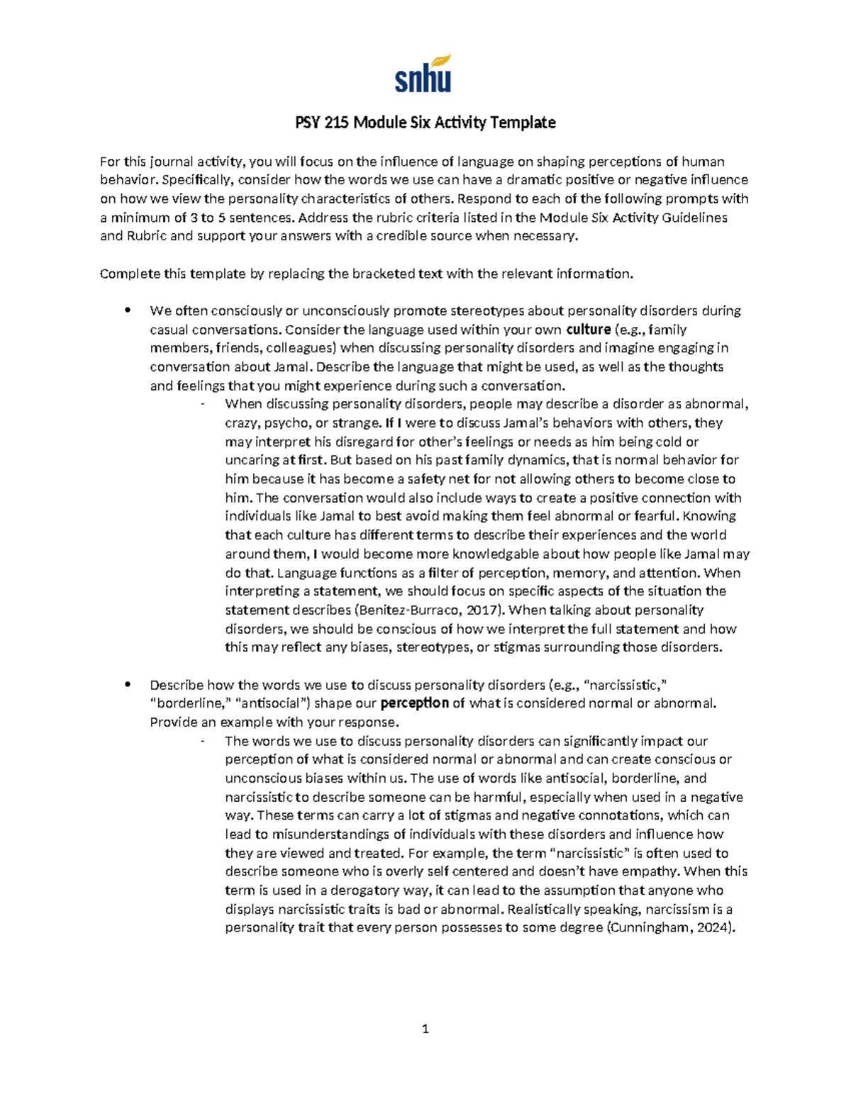 Psychology module VI milestone - PSY 215 Module Six Activity Template ...