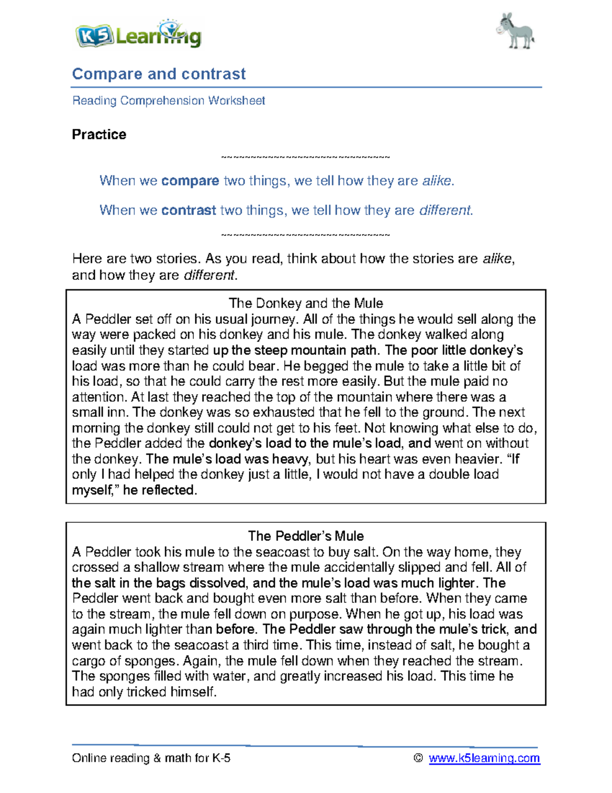 Grade 4 compare contrast a - Online reading & math for K-5 © k5learning ...