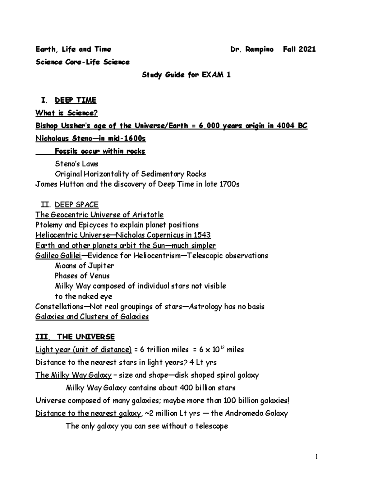 Life of Science Study Guide Midterm 1 - Earth, Life and Time Dr ...