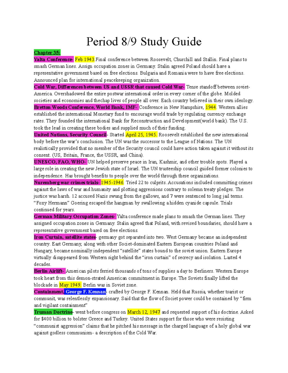Period 8 9 Study Guide - Period 8/9 Study Guide Chapter 35: Yalta Conference- Feb 1943 ...