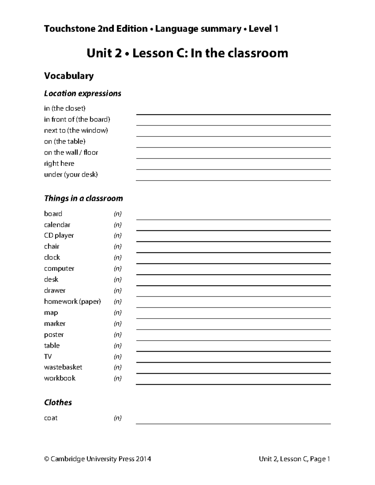 TS2e L1 U2 LC Langsum - Touchstone 2nd Edition • Language summary • Level 1 Unit 2 • Lesson C ...