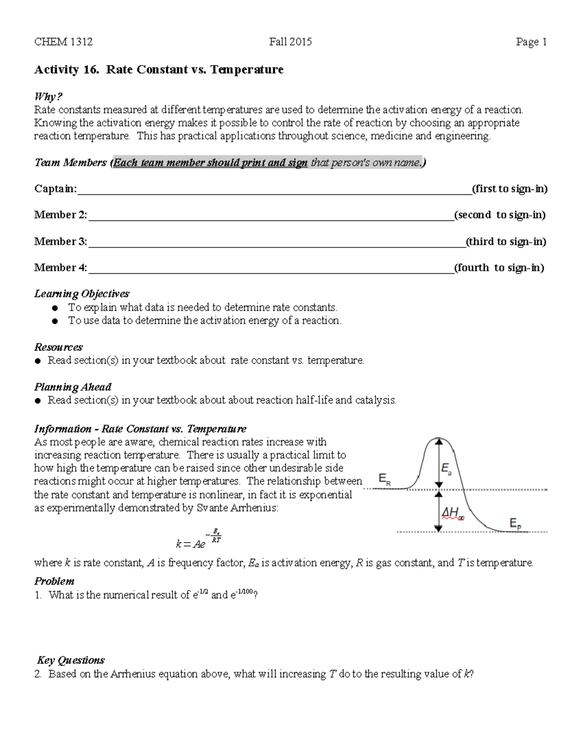 CHEM1312 Rate Constant Temp. - CHEM 1312 Fall 2015 Page 1 Activity 16 ...