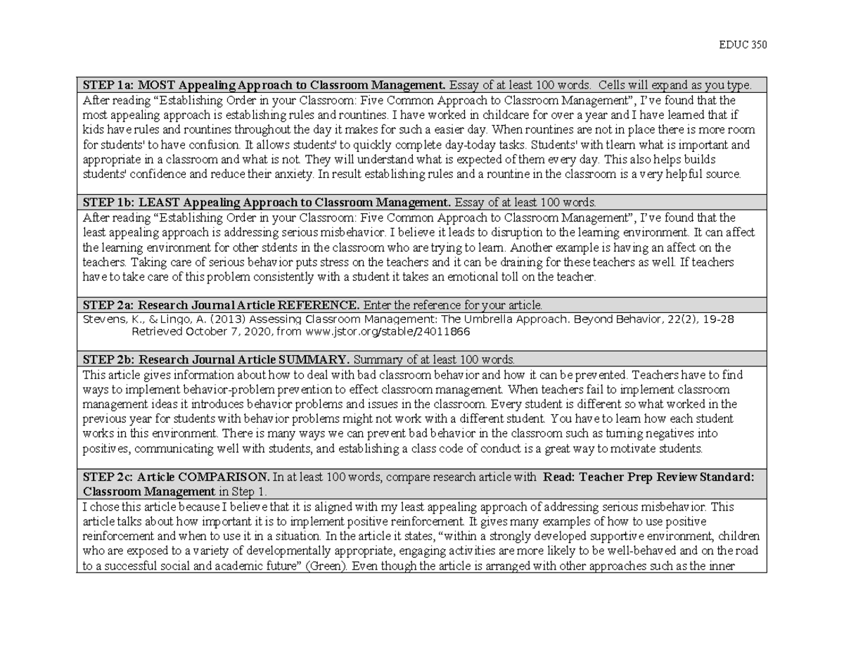Case Study Assignment - EDUC 350 STEP 1a: MOST Appealing Approach to ...