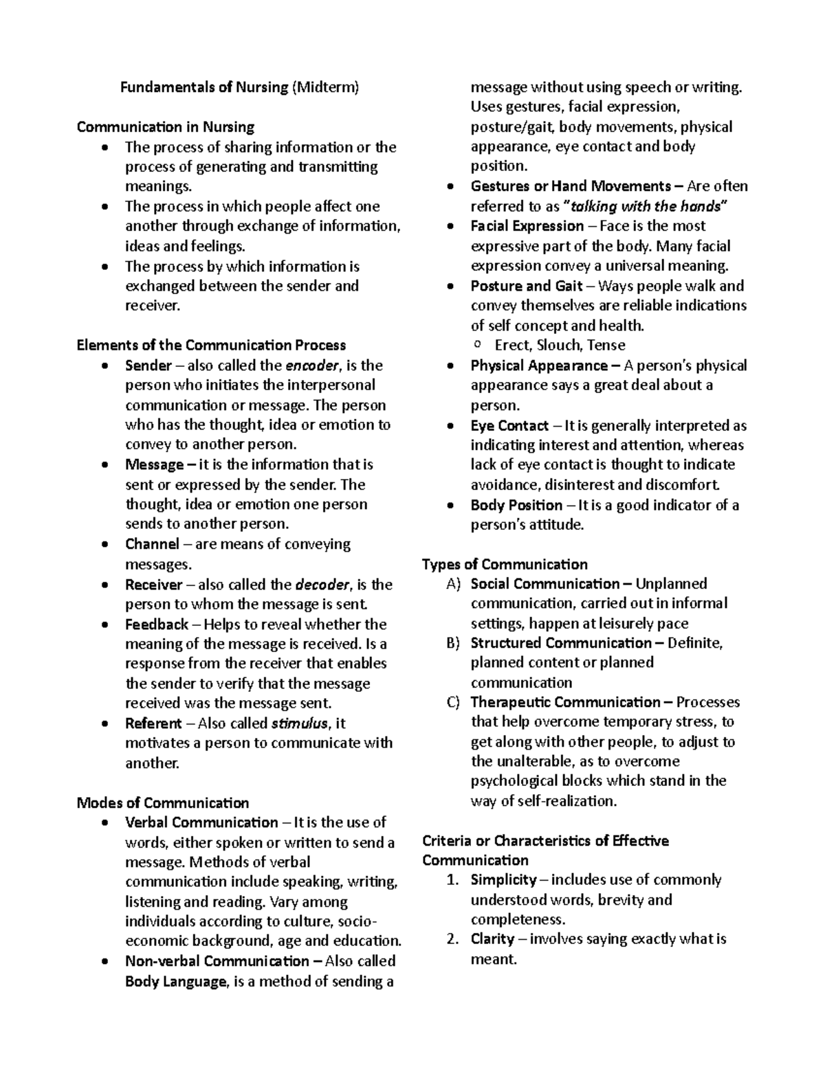 Funda-notes-midterm - Fundamentals of Nursing (Midterm) Communication ...