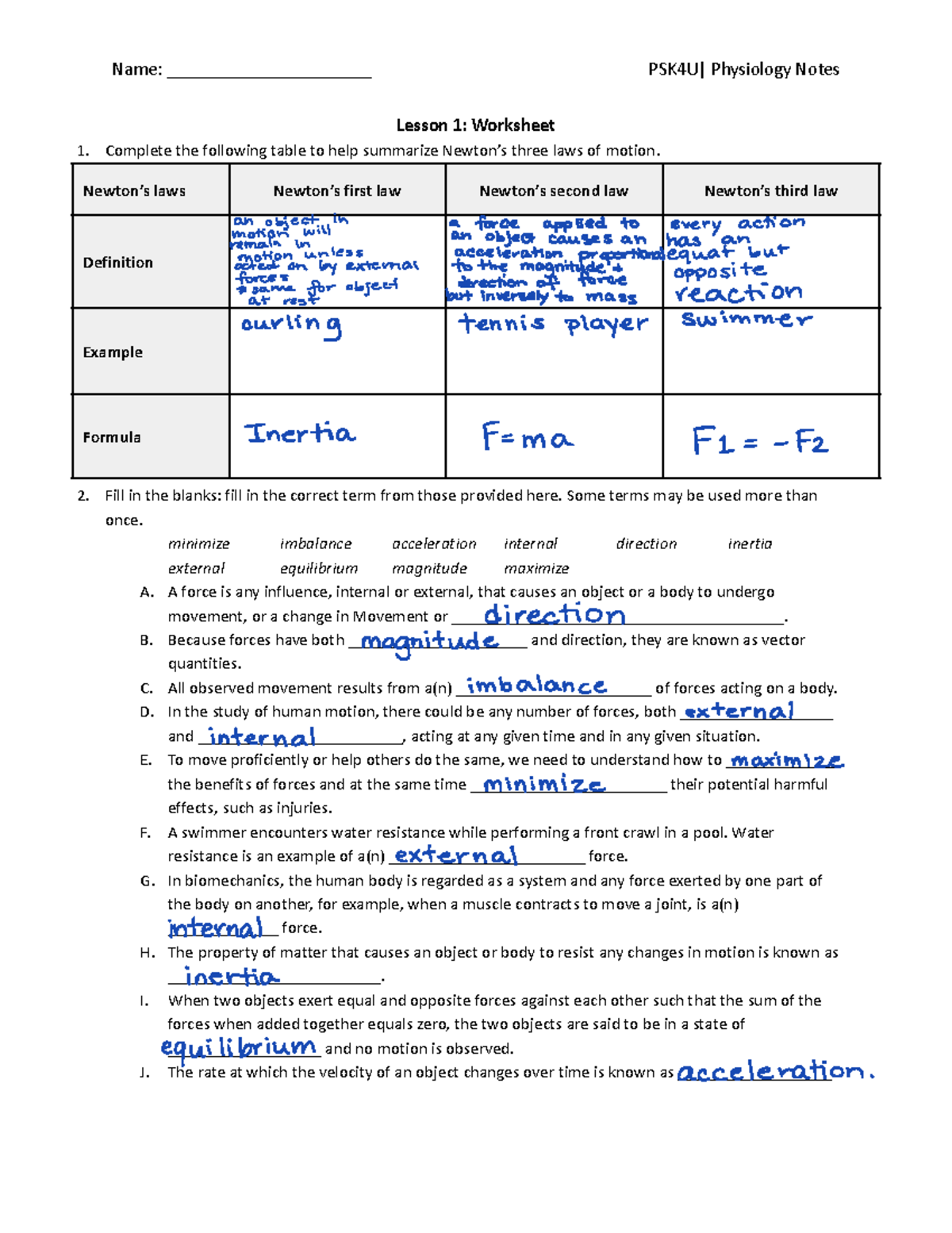 PSK4U Assignment Notes - Name: ______________________ PSK4U| Physiology ...