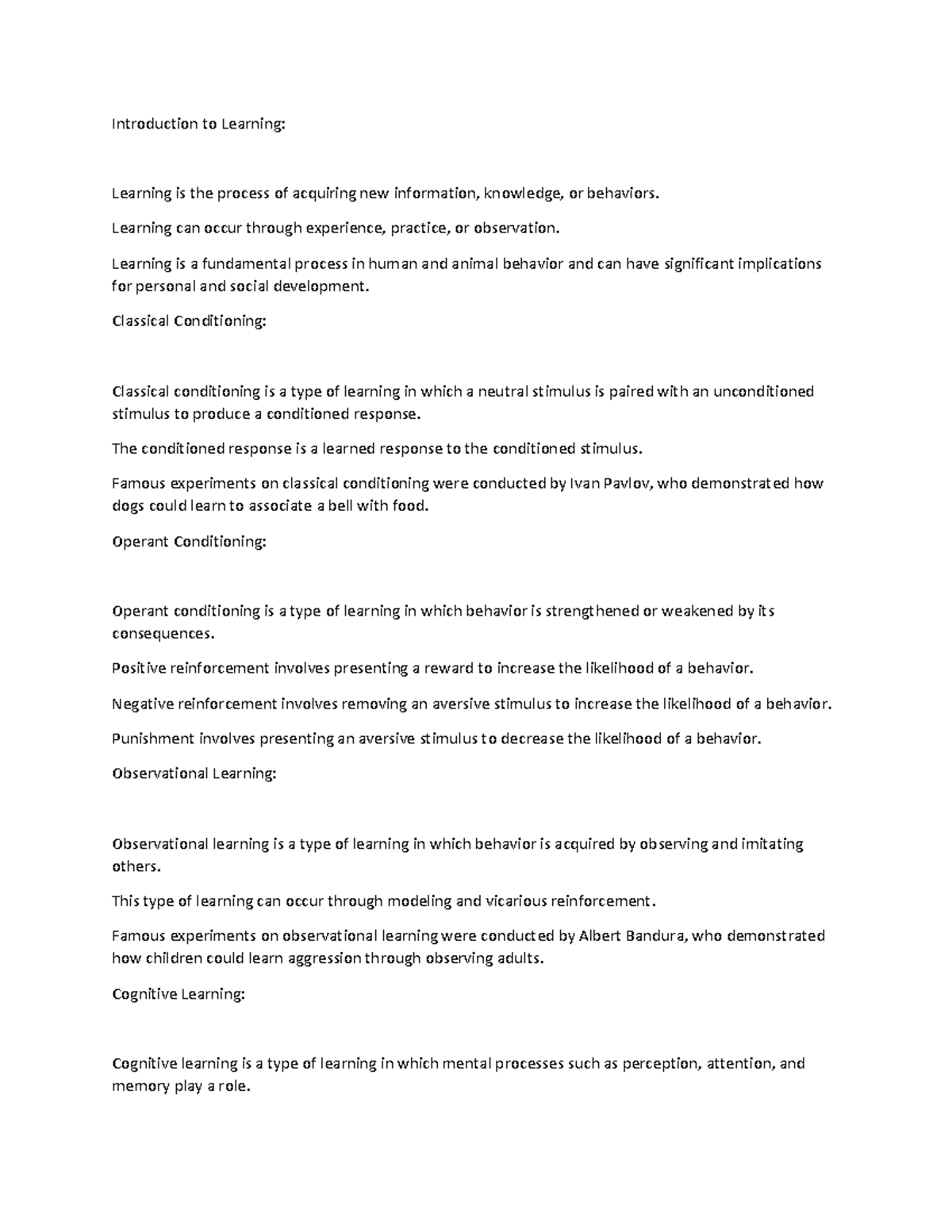 Psych - Introduction to Learning: Learning is the process of acquiring ...