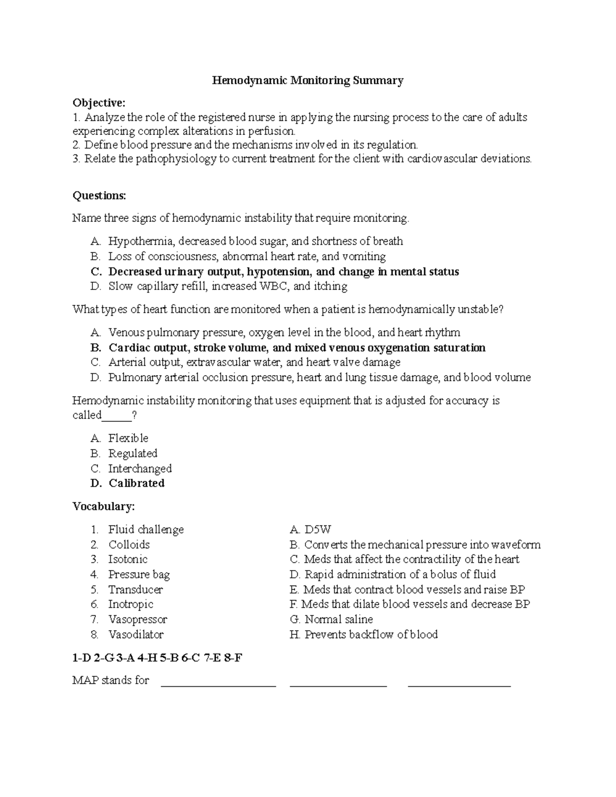 Hemodynamic Worksheet - Hemodynamic Monitoring Summary Objective ...