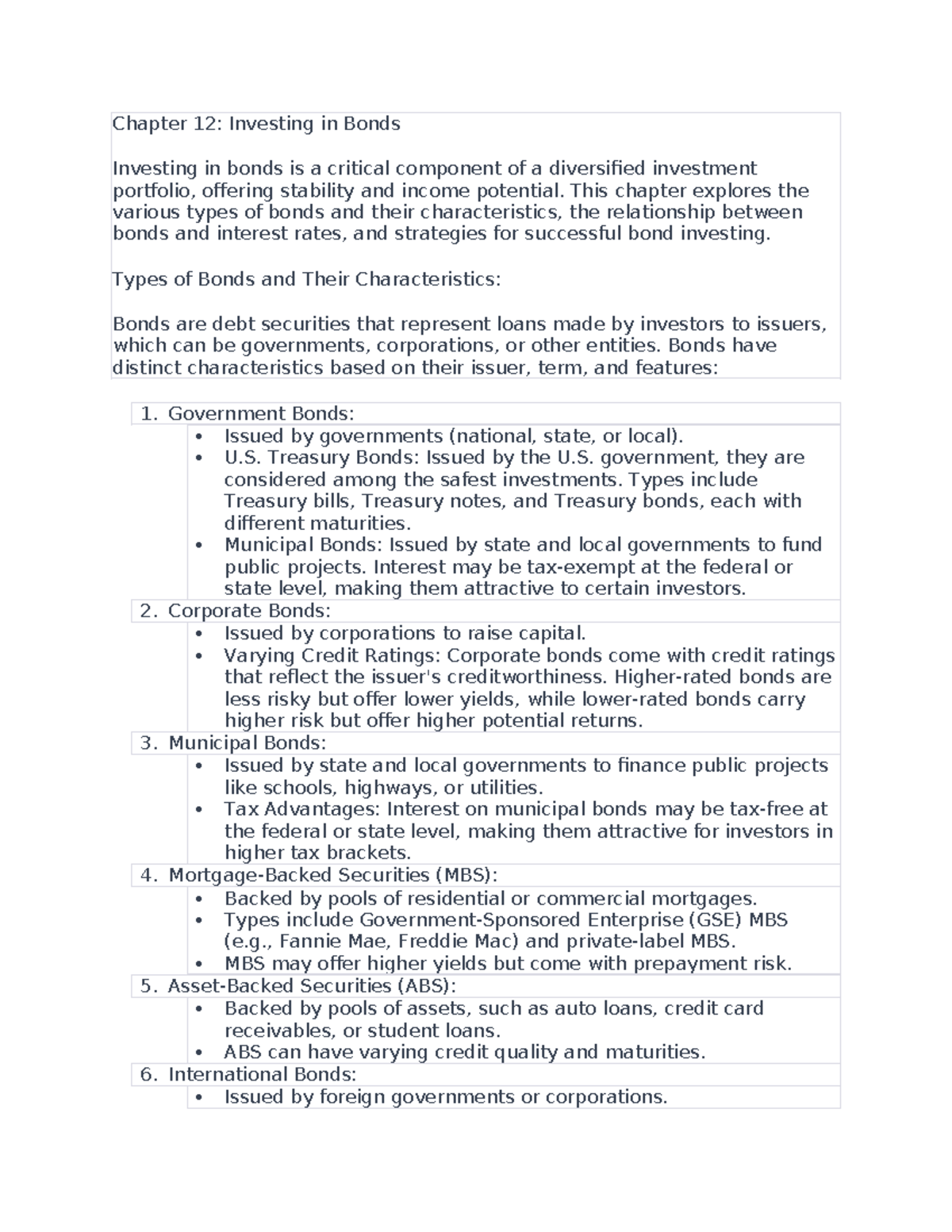 Summary - Chapter 12 - Personal Finance - Chapter 12: Investing in ...