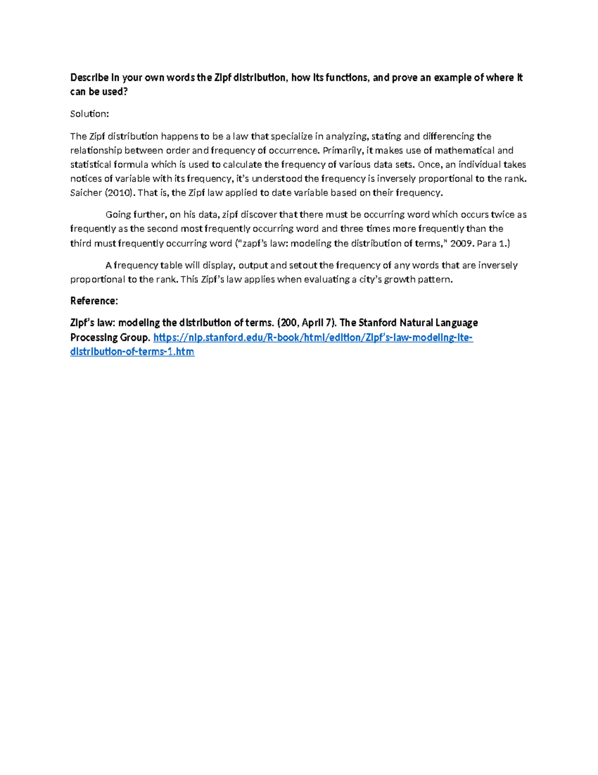 The description of Zipf distribution, how it does function and the ...