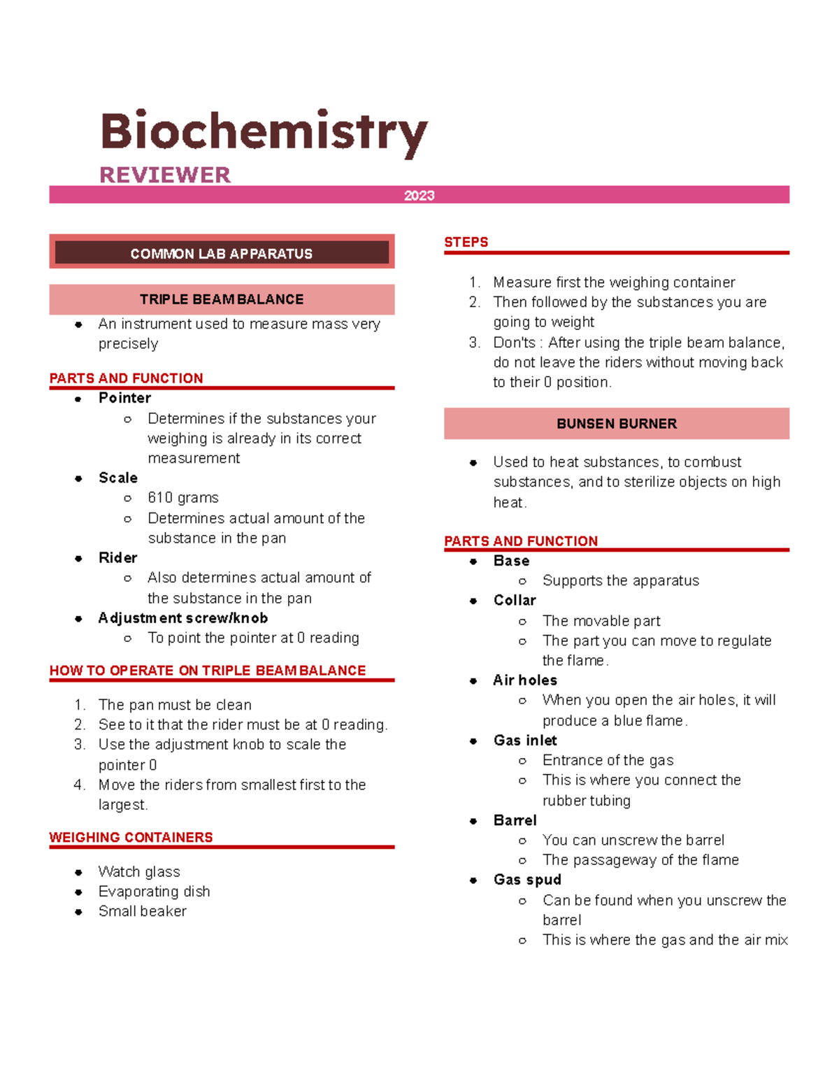 Biochem LAB - Biochemistry REVIEWER 2023 COMMON LAB APPARATUS TRIPLE ...