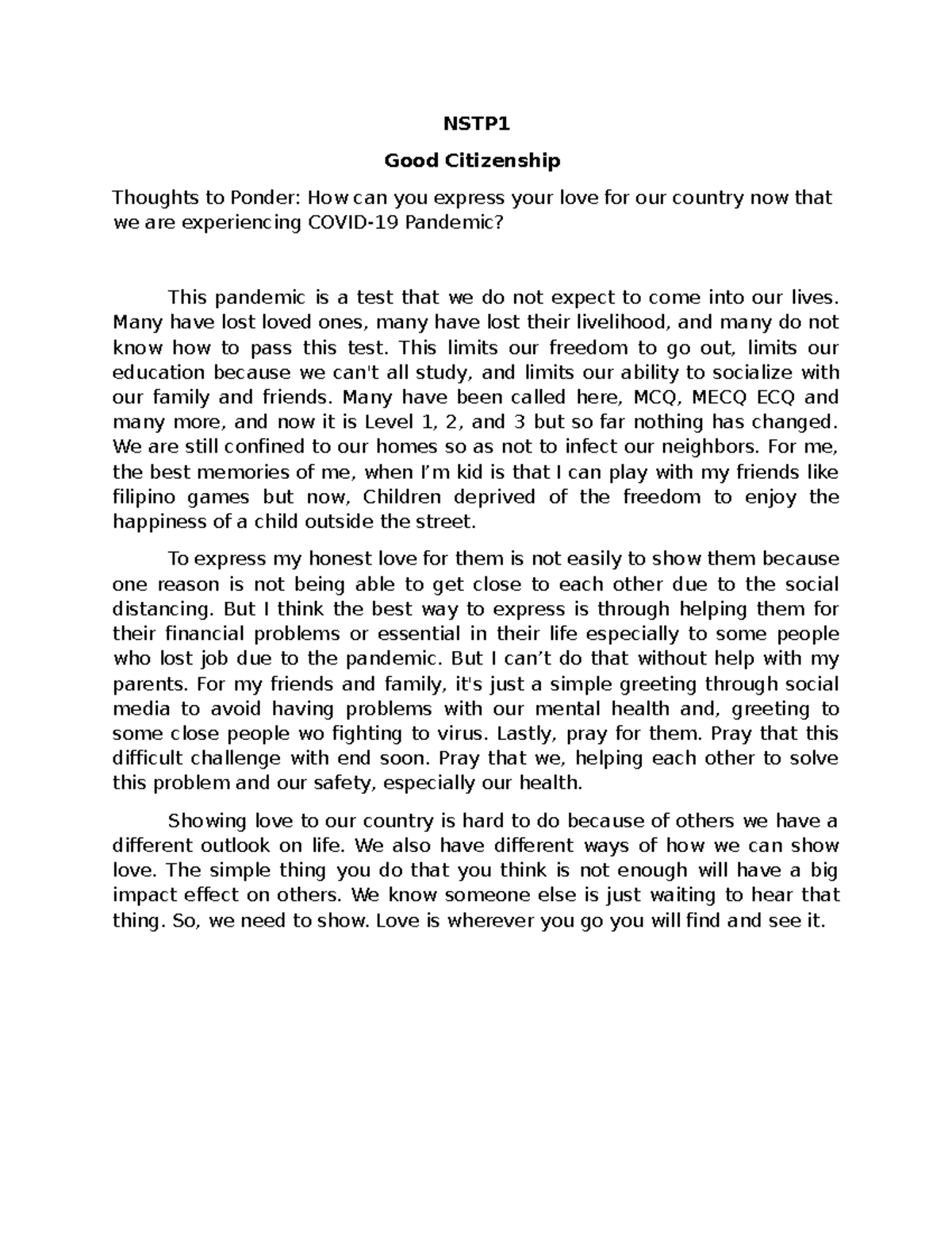 Good Citizenship - UTS - NSTP Good Citizenship Thoughts to Ponder: How ...