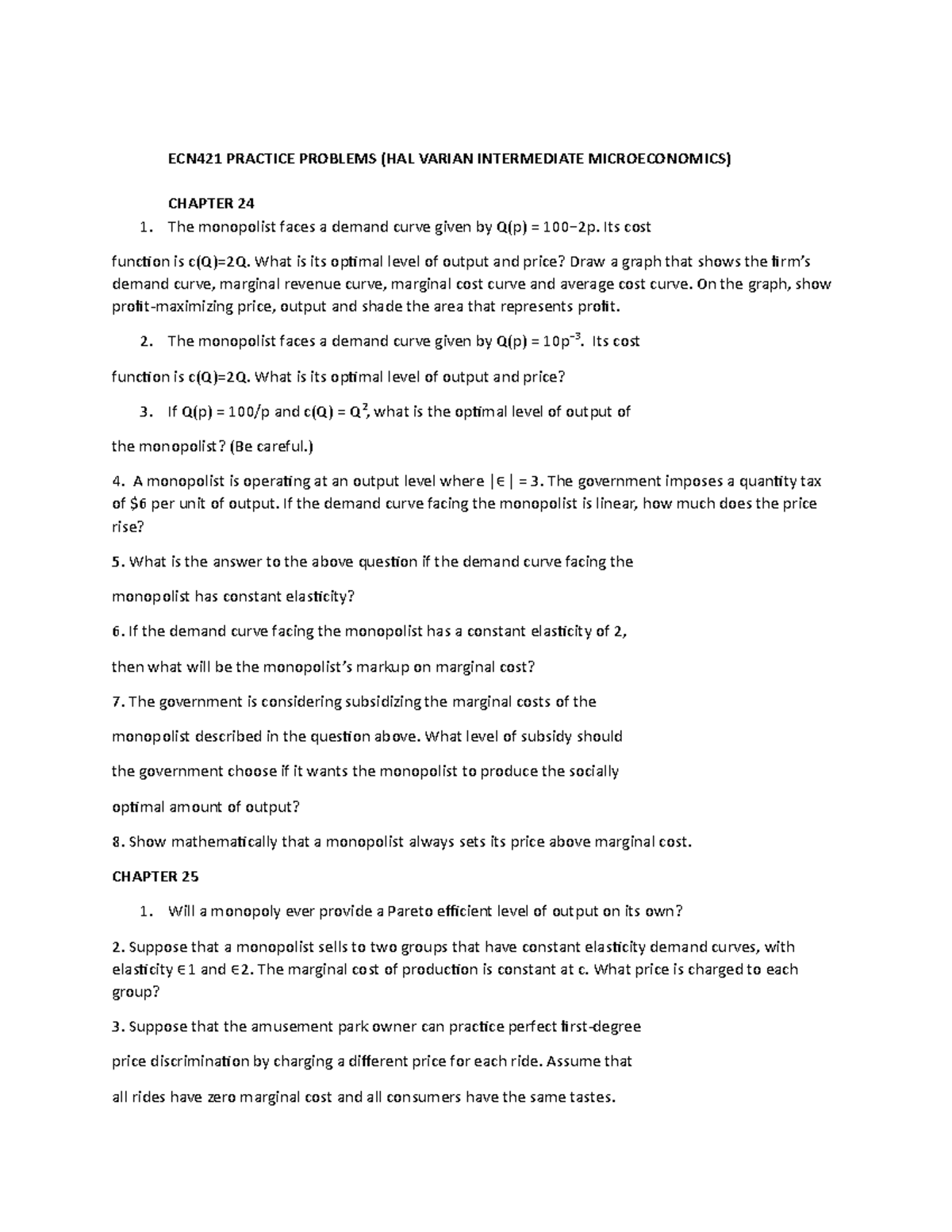 ECN421 Practice Problems - ECN421 PRACTICE PROBLEMS (HAL VARIAN ...