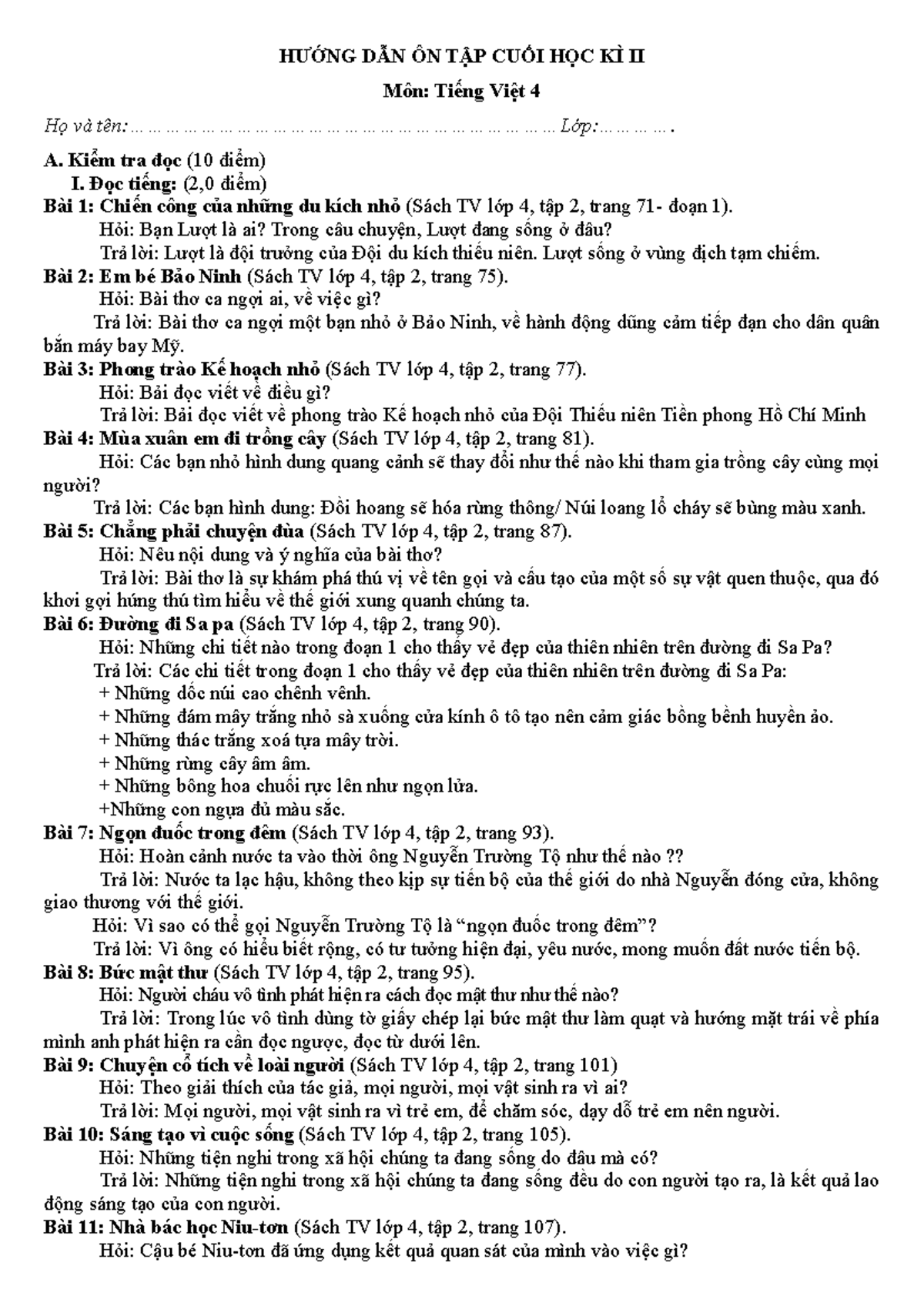 ON TOAN-T VIET 4 CKII - ttrrr - HƯỚNG DẪN ÔN TẬP CUỐI HỌC KÌ II Môn ...