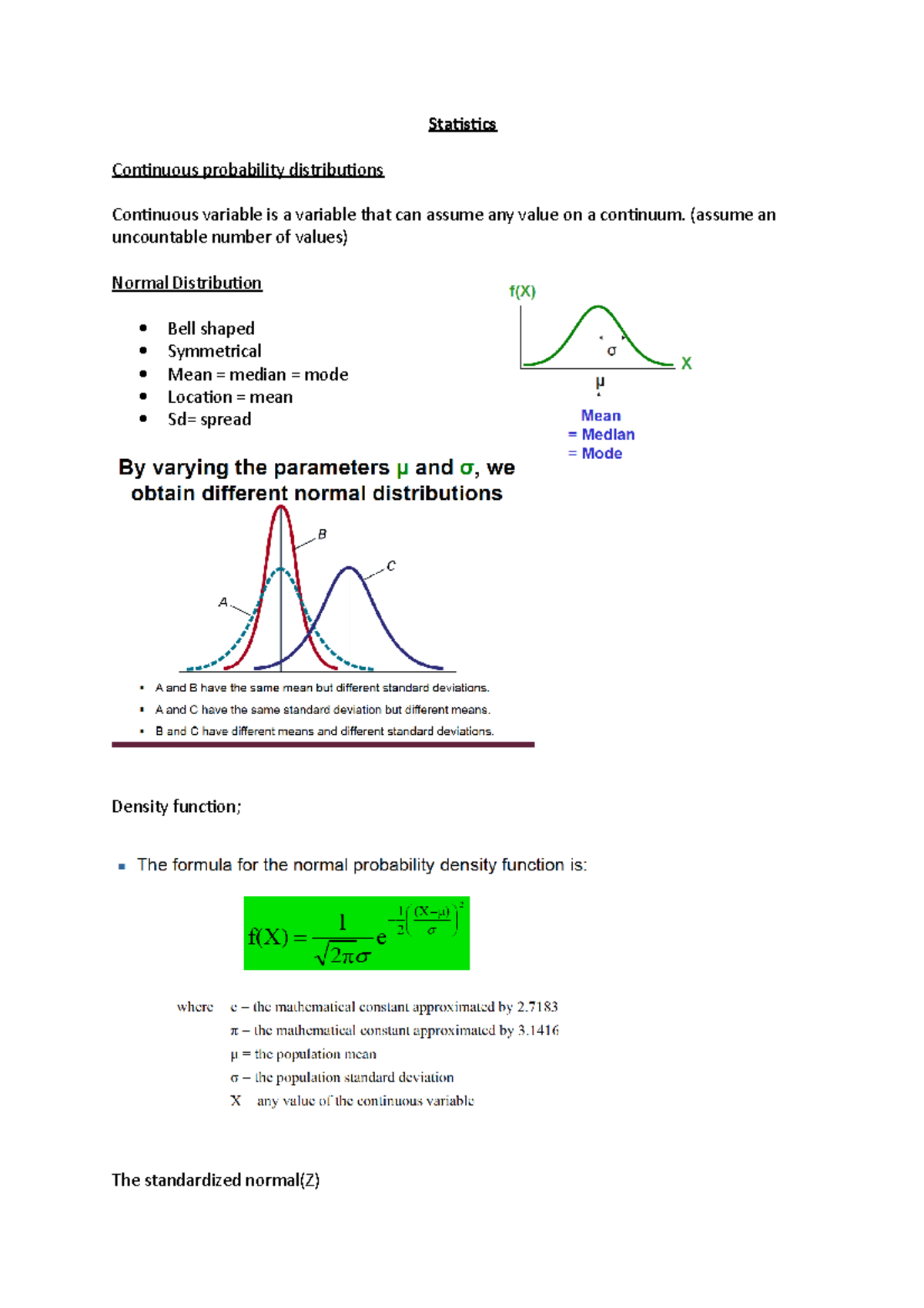 CH6 notes - Statistics Continuous probability distributions Continuous ...