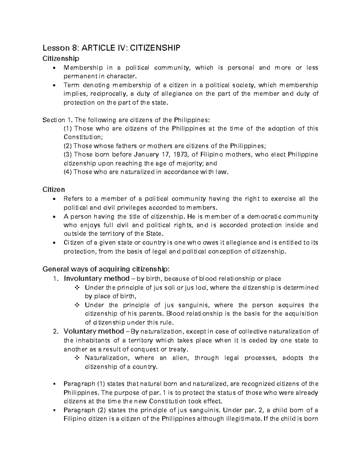 Lesson 8 10 Bn W - Lesson 8: ARTICLE IV: CITIZENSHIP Citizenship ...