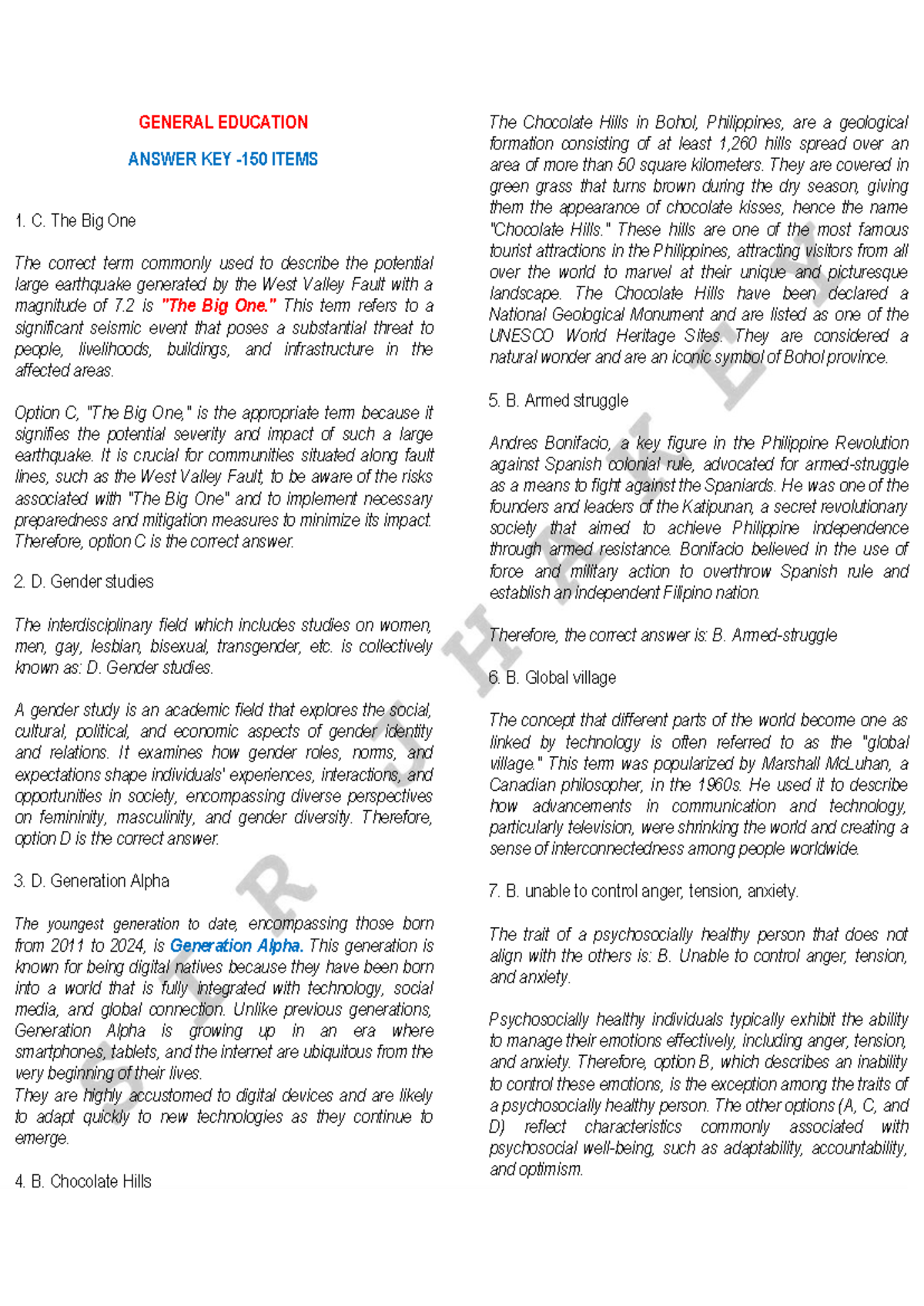 Diagnostic SEPT - GEN. ED. Answers - GENERAL EDUCATION ANSWER KEY -150 ...