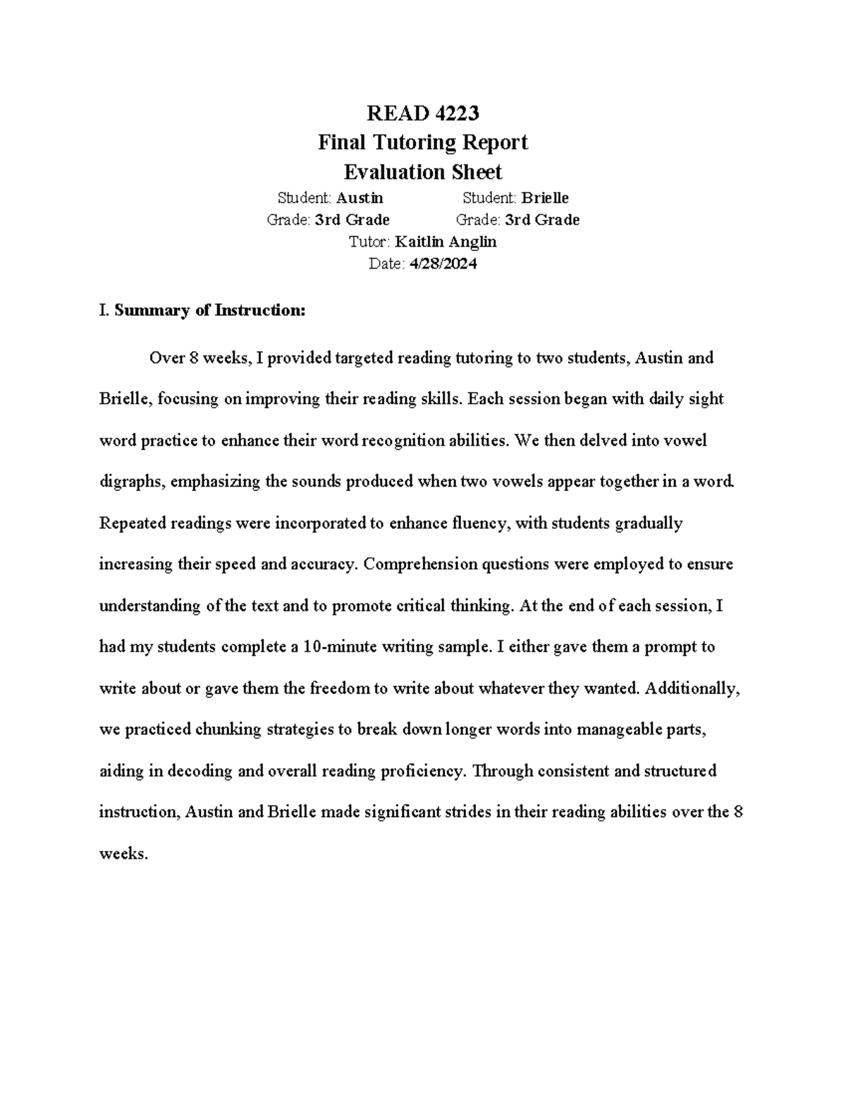 Final Tutoring Report - READ 4223 Final Tutoring Report Evaluation ...