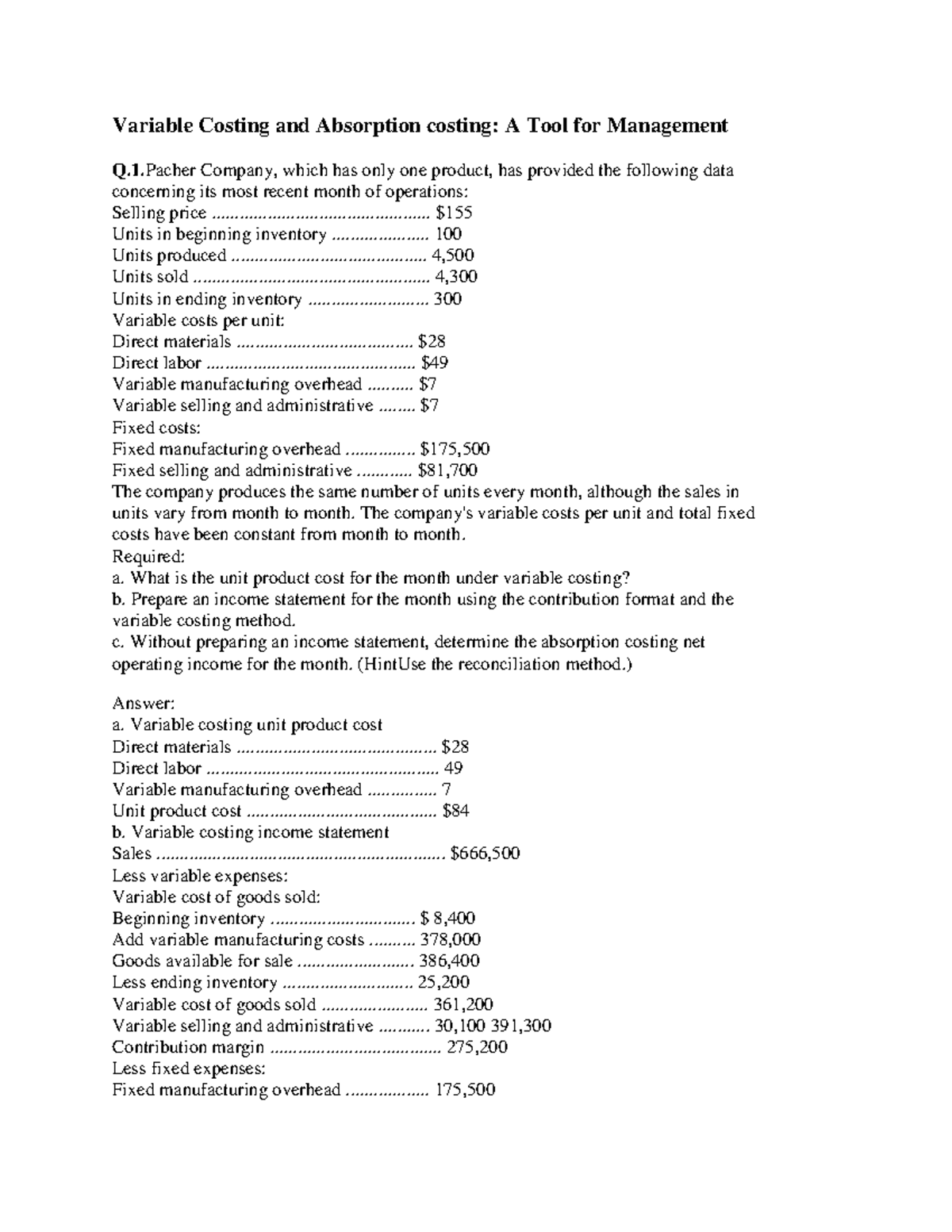 Pdfcoffee - Variable Costing and Absorption costing: A Tool for Management Q. Pacher Company ...