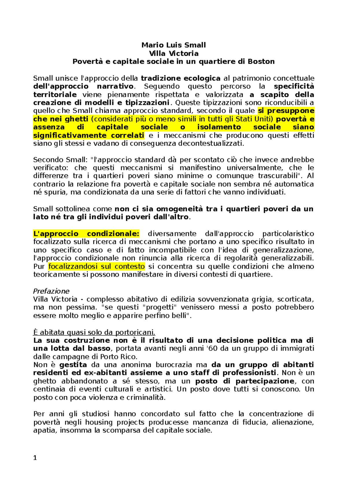 Mario Luis Small - riassunto - Villa Victoria. Povertà e capitale ...