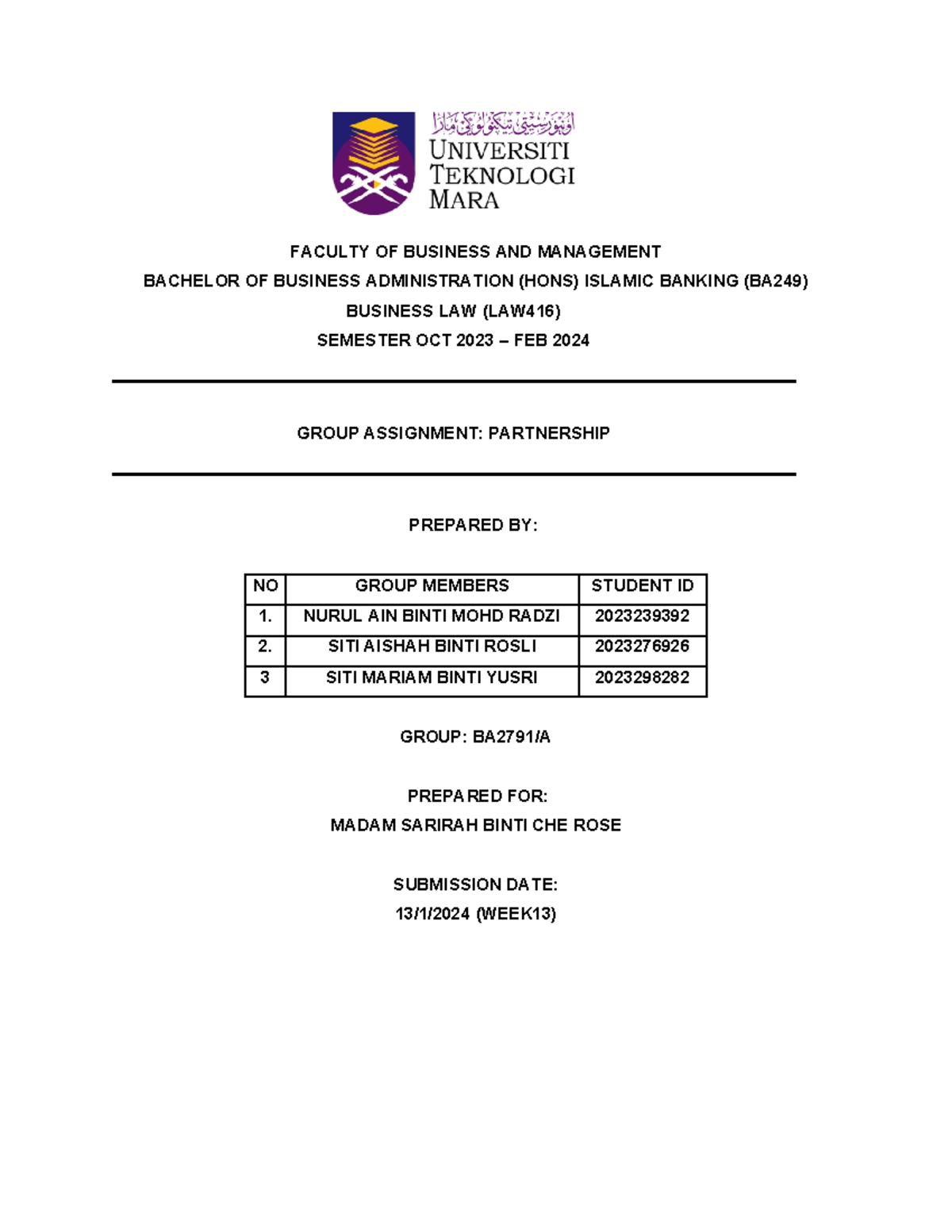Assignment LAW 416 - FACULTY OF BUSINESS AND MANAGEMENT BACHELOR OF ...