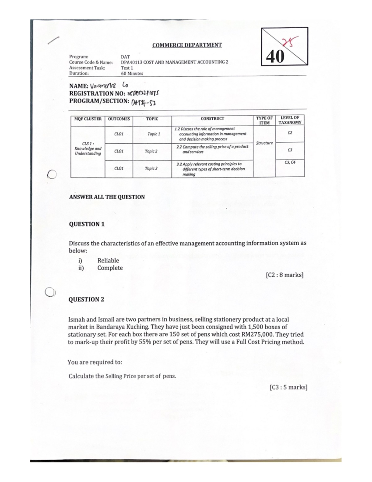 CMA 2 Test 1 - Test 1 CMA 2 - COMMERCE DEPARTMENT 25 Program: DAT 40 ...