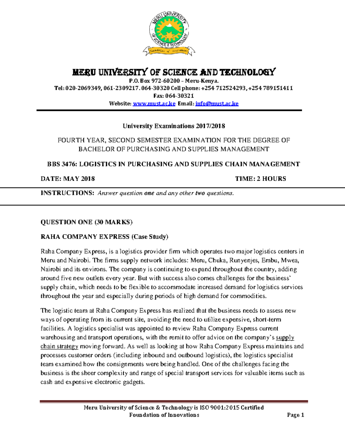 BBS 3476 Logistics IN Purchasing AND Supplies Chain Management - Meru ...
