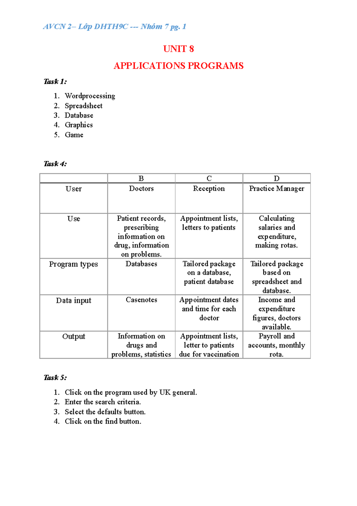 Cn 2 unit 8 - rất tuyệt - UNIT 8 APPLICATIONS PROGRAMS Task 1 ...