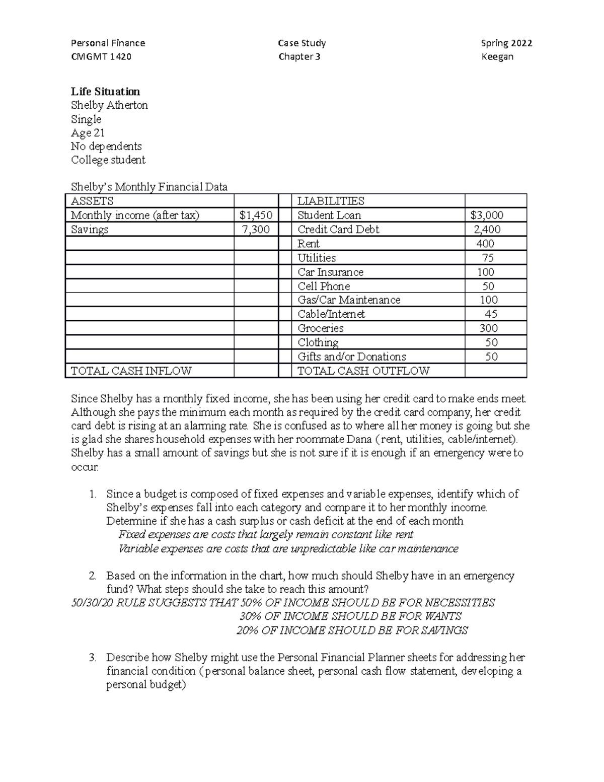 CH 3 CASE Study DIST - Finance - Personal Finance Case Study Spring ...