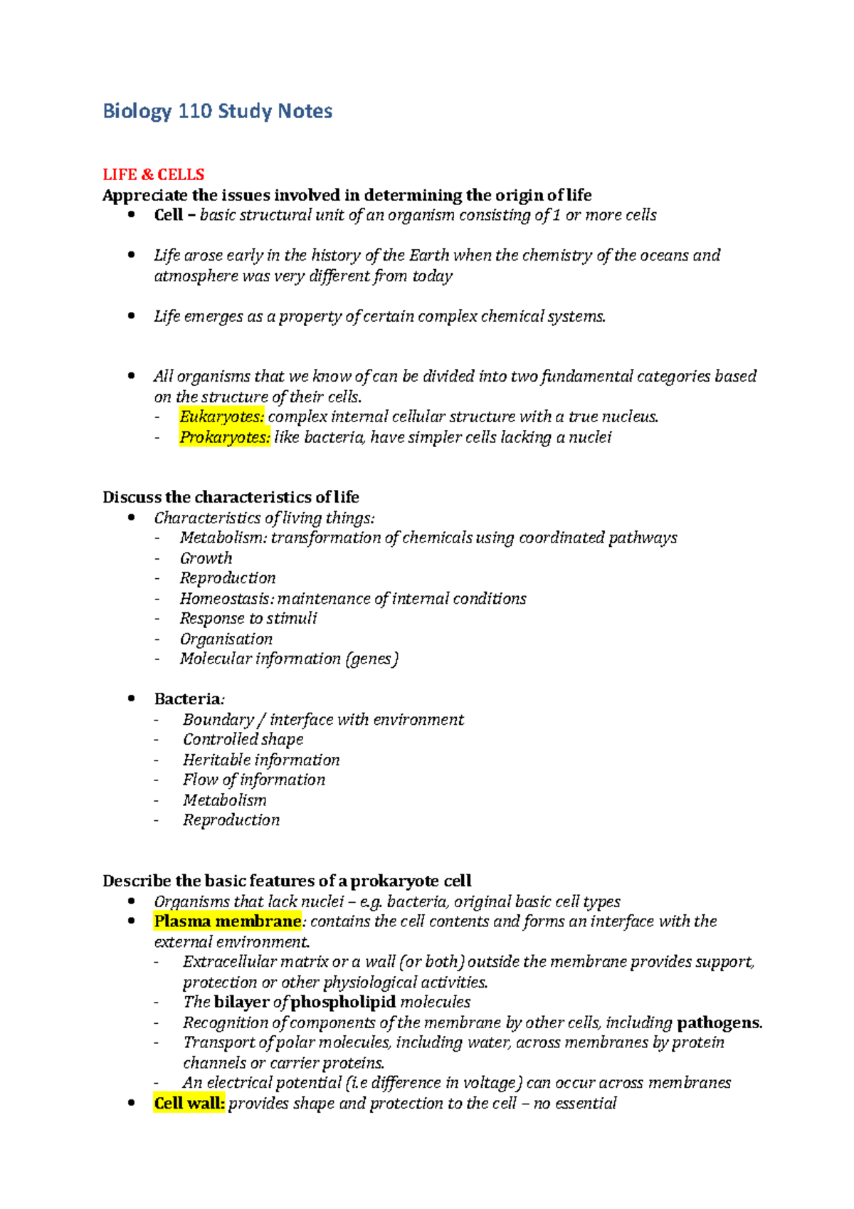 Biology 110 Study Notes - Biology 110 Study Notes LIFE & CELLS ...