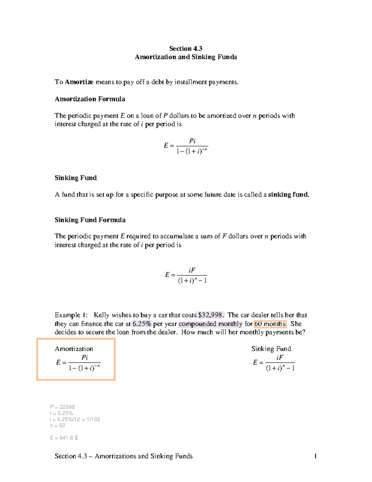 Fin math 3 - Math 121 - Section 4 – Amortizations and Sinking Funds 1 ...