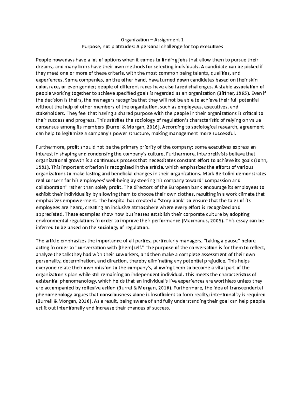 Organization Ass1 - /// - Organization – Assignment 1 Purpose, not platitudes: A personal ...