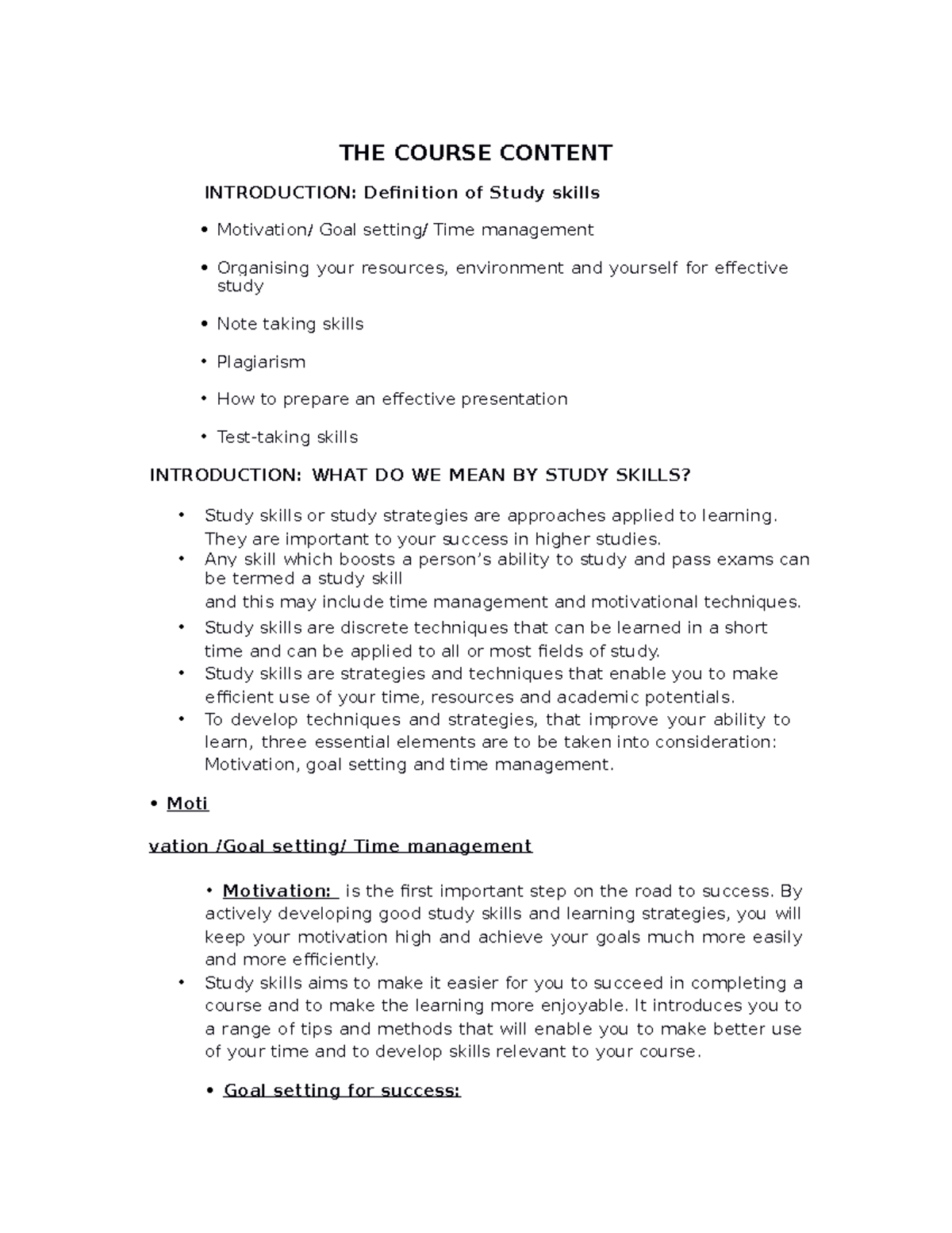 Study skills s1 goal setting and time management - THE COURSE CONTENT ...