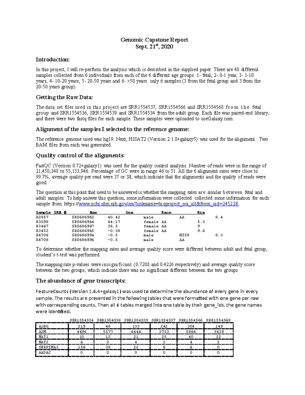 Genomic Data Science Final Report - Genomic Capstone Report Sept. 21 st ...