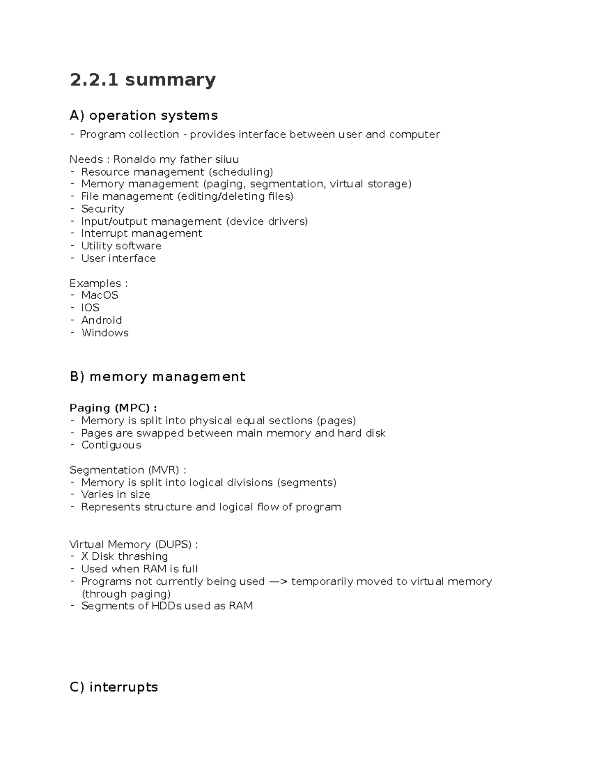 2.2.1 Systems Software summary - 2.2 summary A) operation systems ...